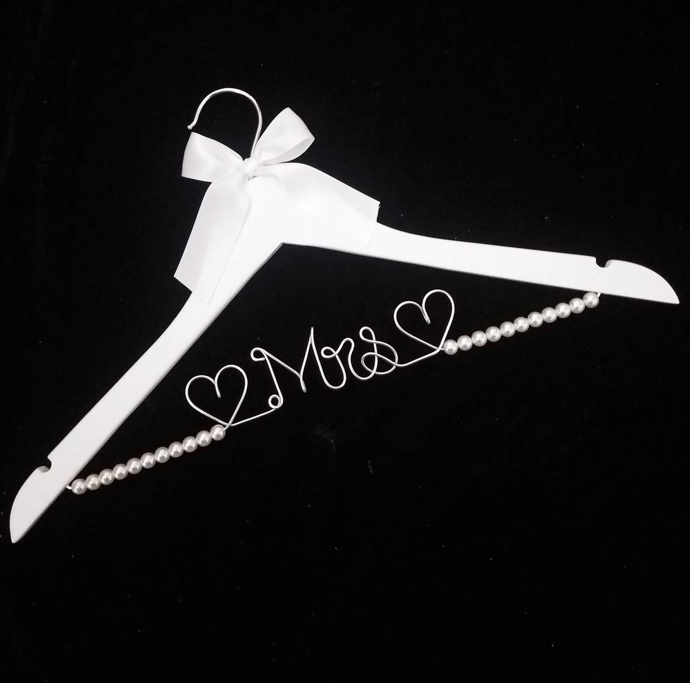 Bridal Dress Hanger Solid Wood Dress Hangers Mrs Letter Hanger Wedding Gift (White Coat Hanger Silver Thread Pearl)