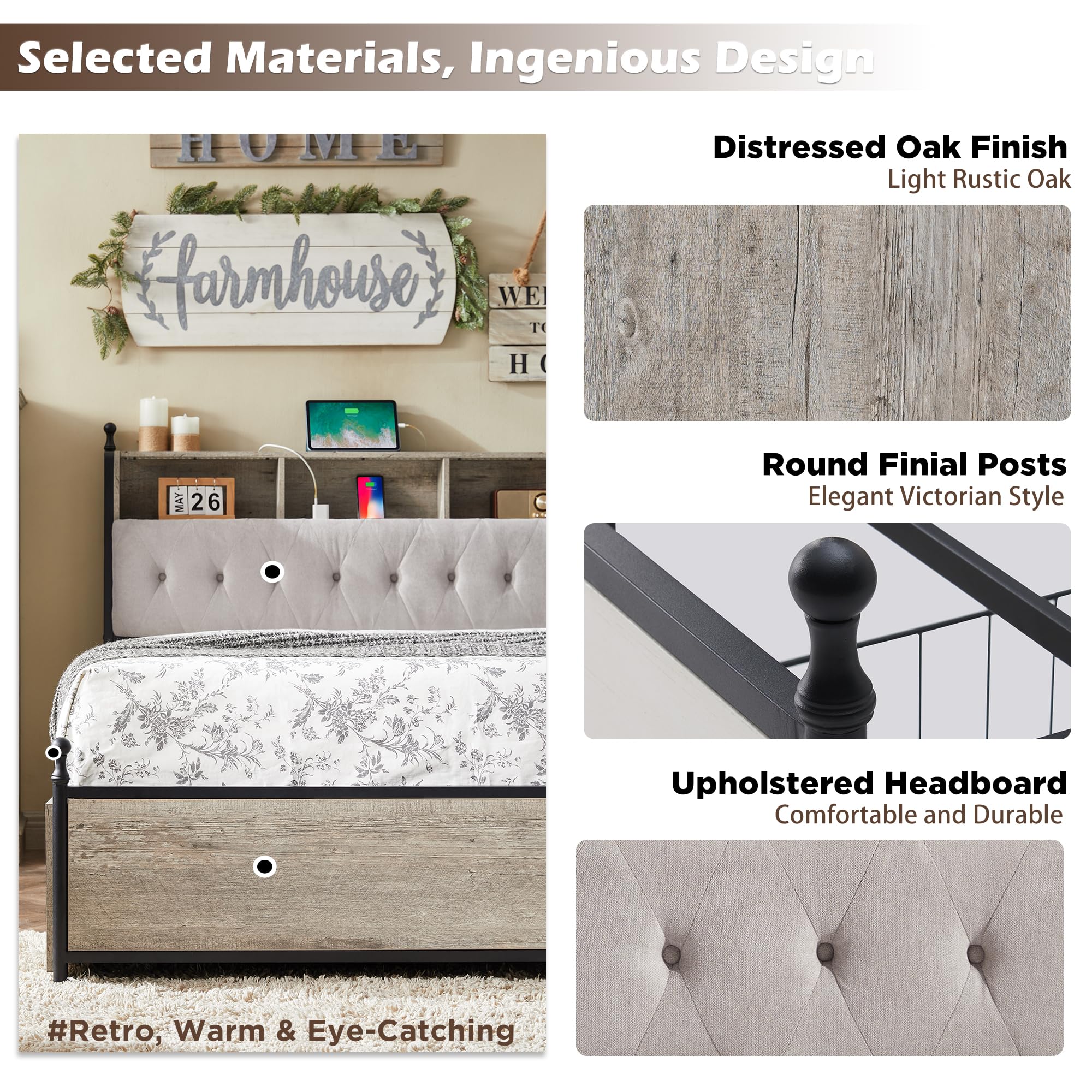 T4TREAM King Bed Frame with Storage Upholstered Headboard and 4 Drawers, Farmhouse Metal Platform Bed w/LED Lights & Charging Station, Stable & Easy Assembly, No Box Spring Needed, Dark Rustic Oak