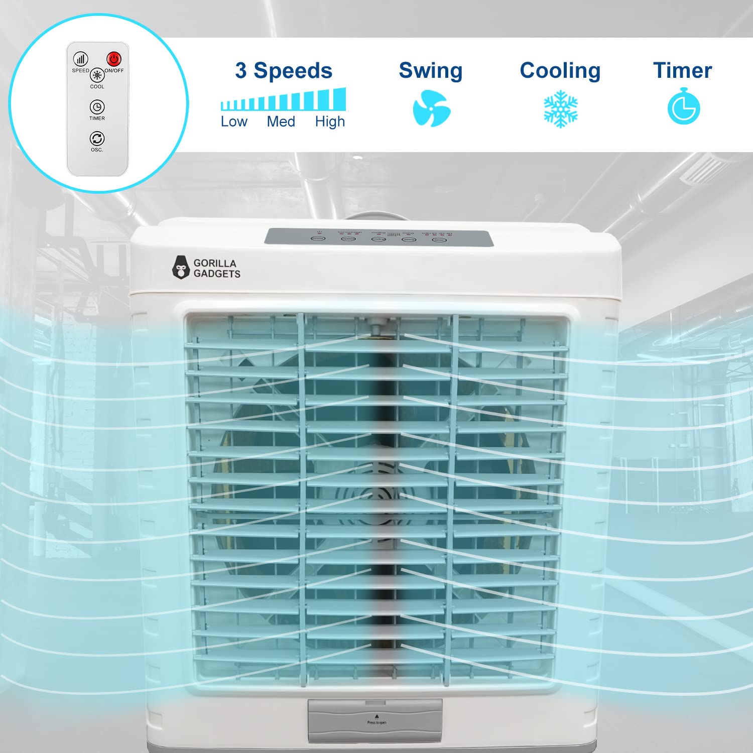 Gorilla Gadgets Outdoor Evaporative Portable Air Cooler with Touch Controls, Large Quiet Electric 5300 CFM. 13.2 Gallon Water Tank and Wheels. Cools 1850.00 Square Feet for Commercial Office Home