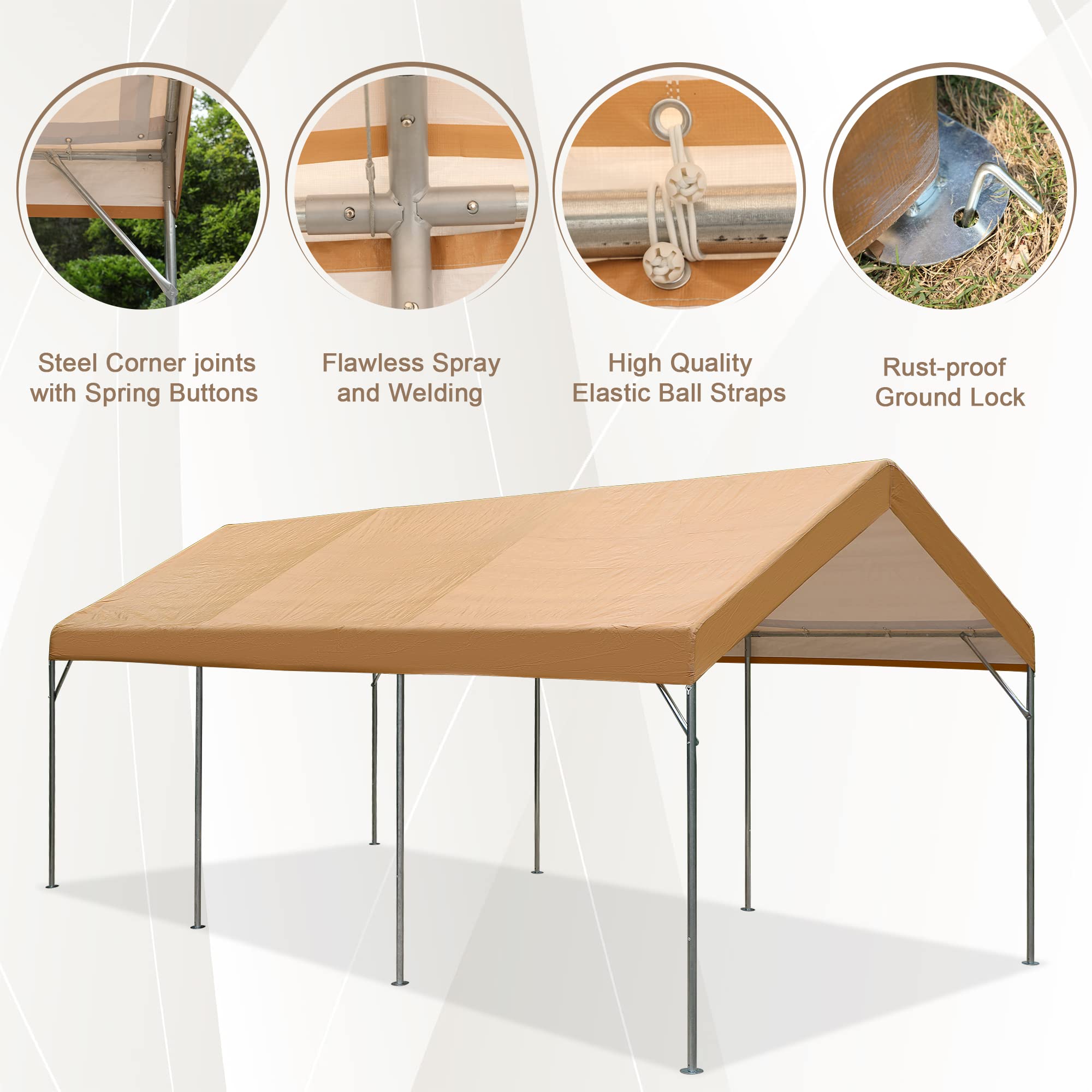 PHI VILLA 10x20 ft Heavy Duty Carport Car Canopy Garage Boat Shelter Party Tent(ith 4 Sand Bag),Beige