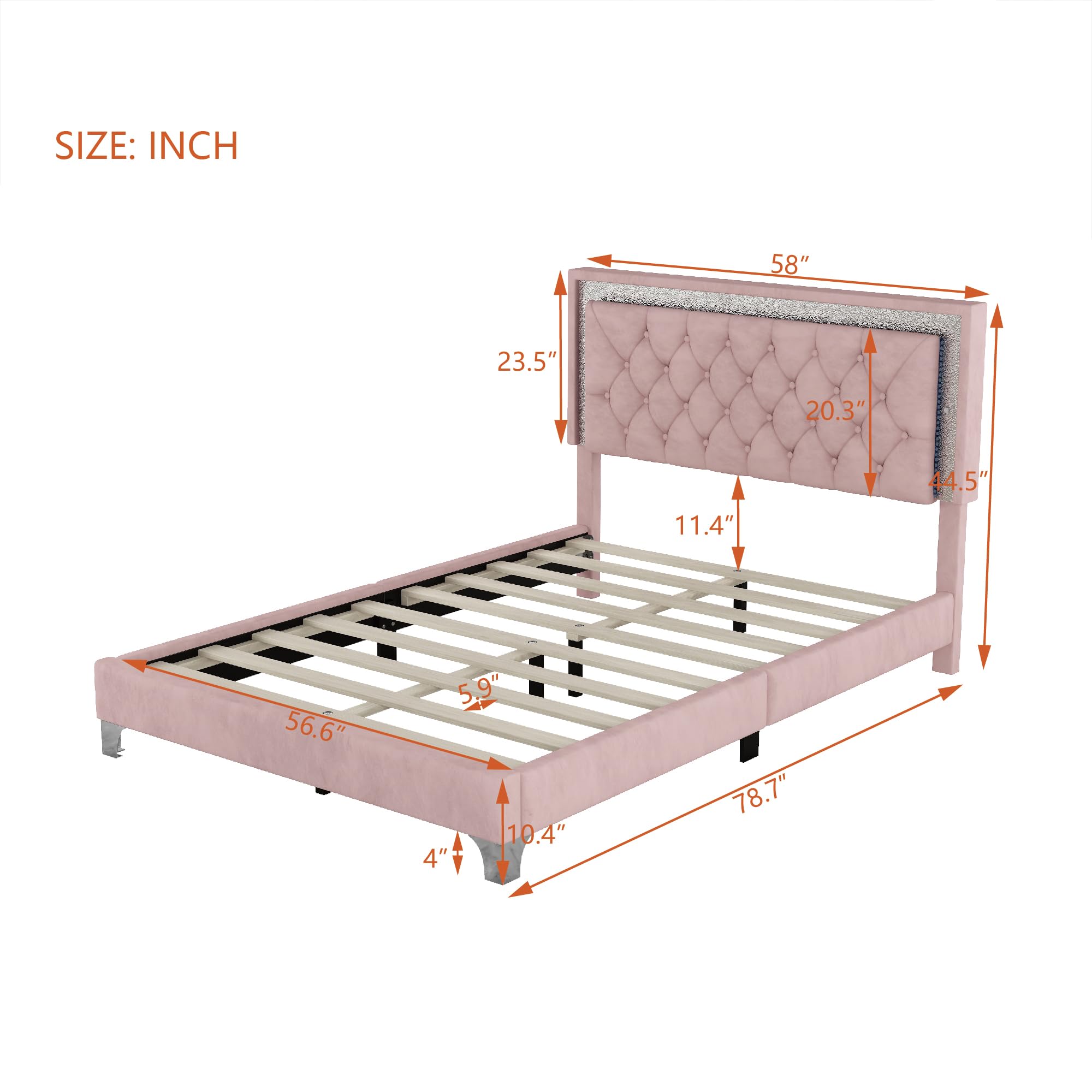 BEDGJH Upholstered Full Size Bed Frame with LED Lights, Modern Velvet Platform Bed with Tufted Headboard, Perfect for Kids Teens Girls & Boys Bedroom,No Box Spring Needed/Easy Assembly (Pink, Full)