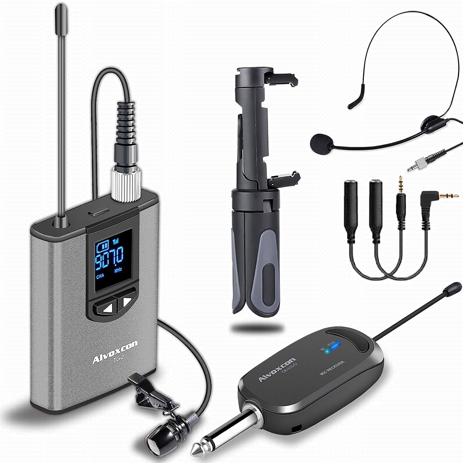 Alvoxcon Wireless Headset Lavalier Microphone System with Phone Holder Wireless Lapel Mic for iPhone, DSLR Camera, PA Speaker, YouTube, Zoom, Podcast, Video Recording, Conference, Vlog. with stand