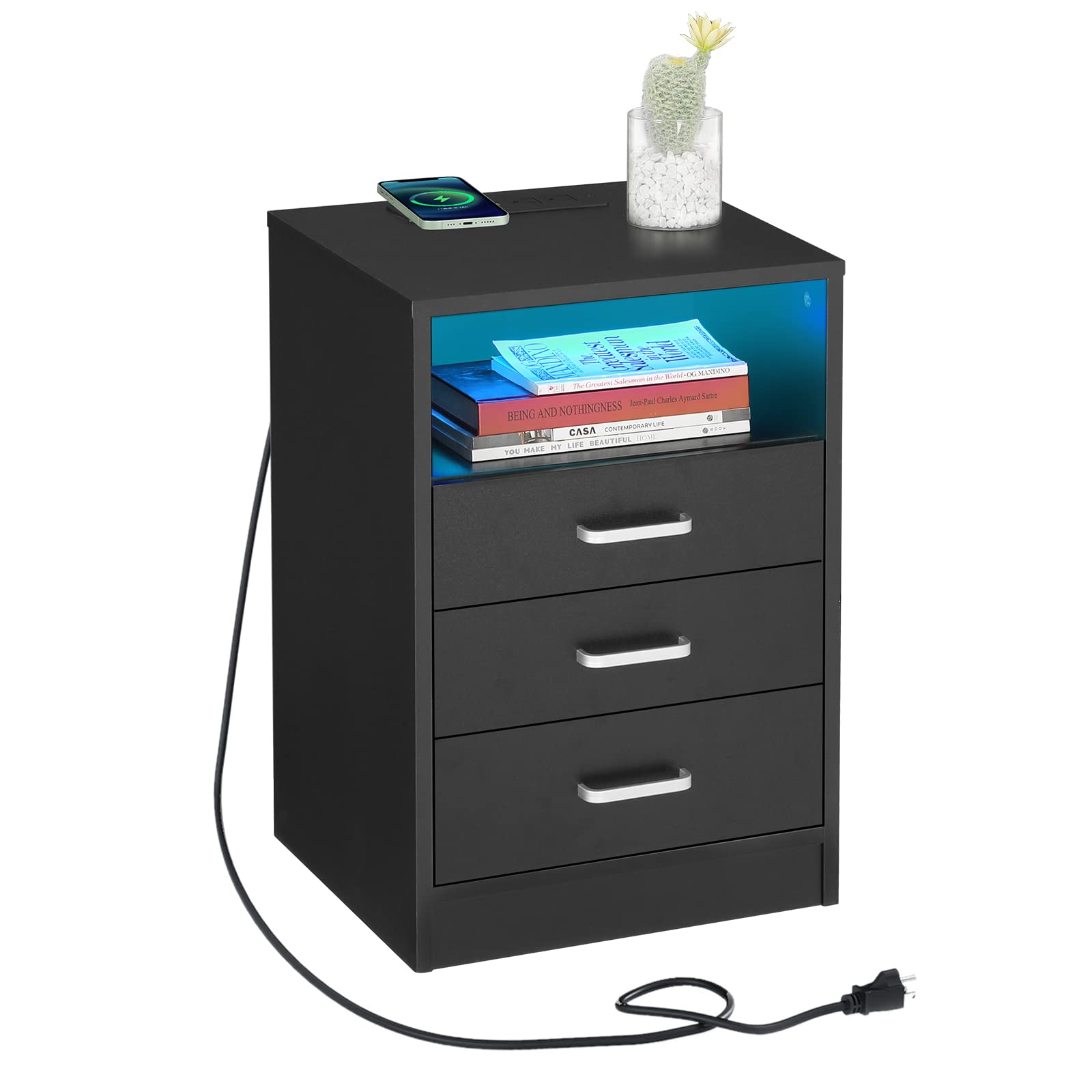 ADORNEVE Nightstand with Wireless Charging Station and LED Lights,Night Stand for Bedroom,Bedside Table with Drawers,Modern End Side Table,Black