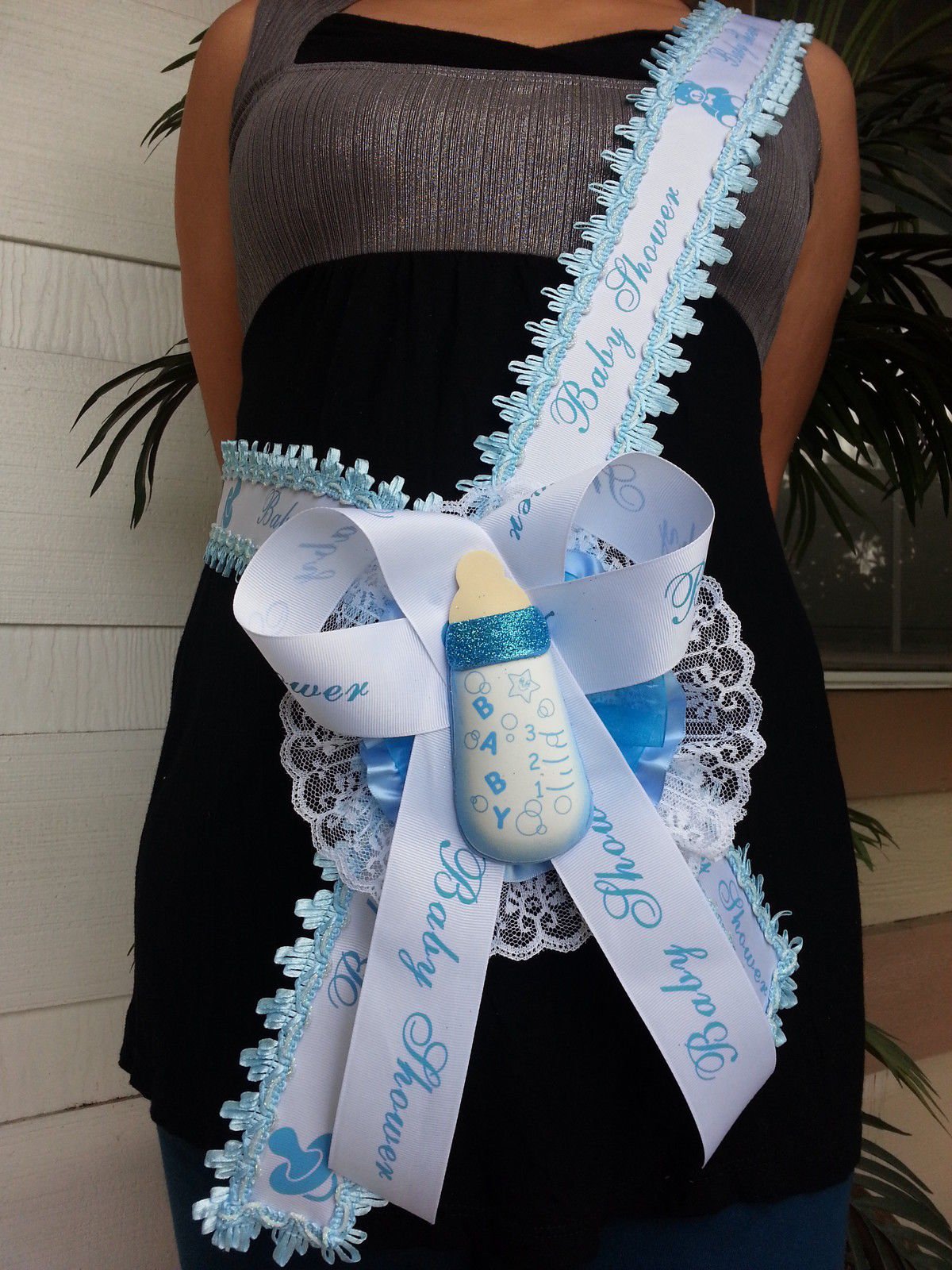 Welcome Baby Shower Mom To Be It's a Boy Sash Blue Bottle Ribbon and Corsage
