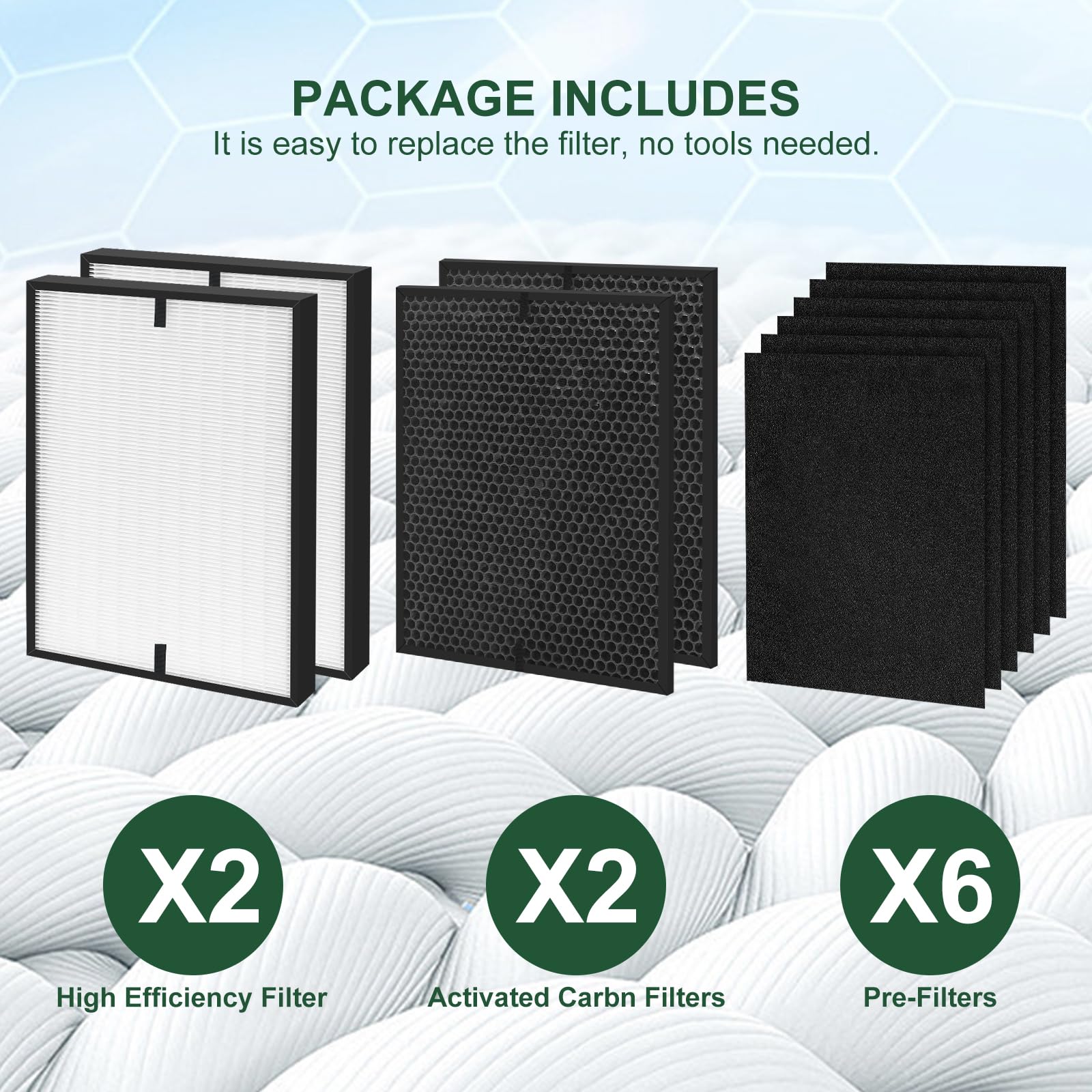 BEBEMOR 3000 Replacement Filter Compatible with 3000 3000M 3000Pro, 2 Filters, 2 Activated Carbon, 6 Extra Carbon Pre-Filters (10PCS)