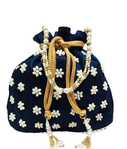 Art Silk Potli Bag This Hand Embroidered Stylish Piece with Pearls all around and beads work pearl handle. (Blue)