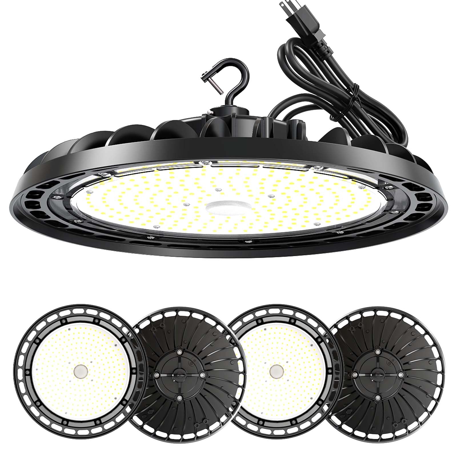 EdisonPar LED High Bay Light 150W PREM 4-Pack, 10' UFO Commercial Lighting Fixture w/Plug for Garage Shop Warehouse Workshop, 150W 5000k 21000lm Dimmable IP65 UL ETL Listed (Count of 4)