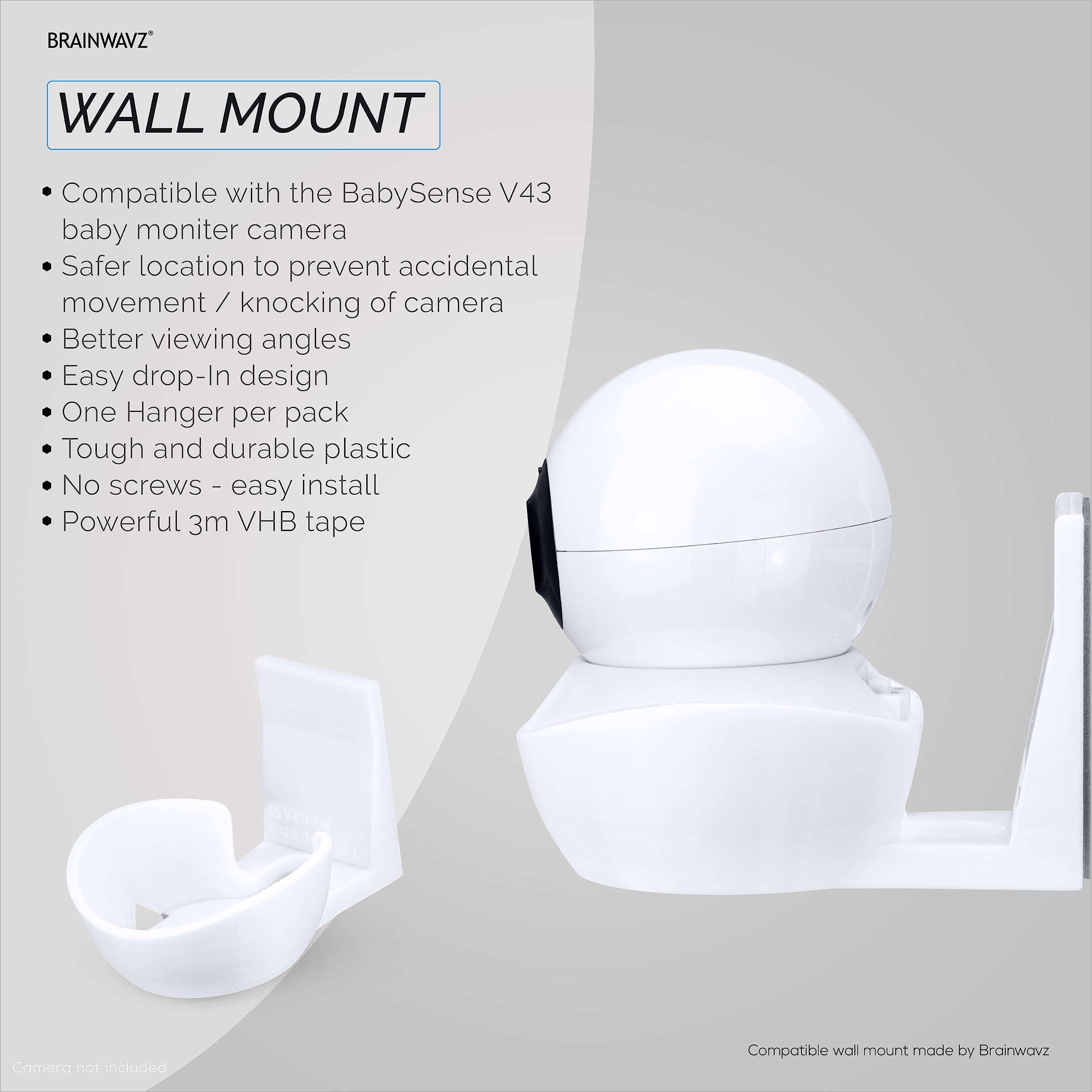 BRAINWAVZ Wall Mount for BabySense V43 Baby Monitor Camera - Adhesive Holder, Easy to Install, No Tools Needed, No Mess, No Drilling, Strong Mount, White