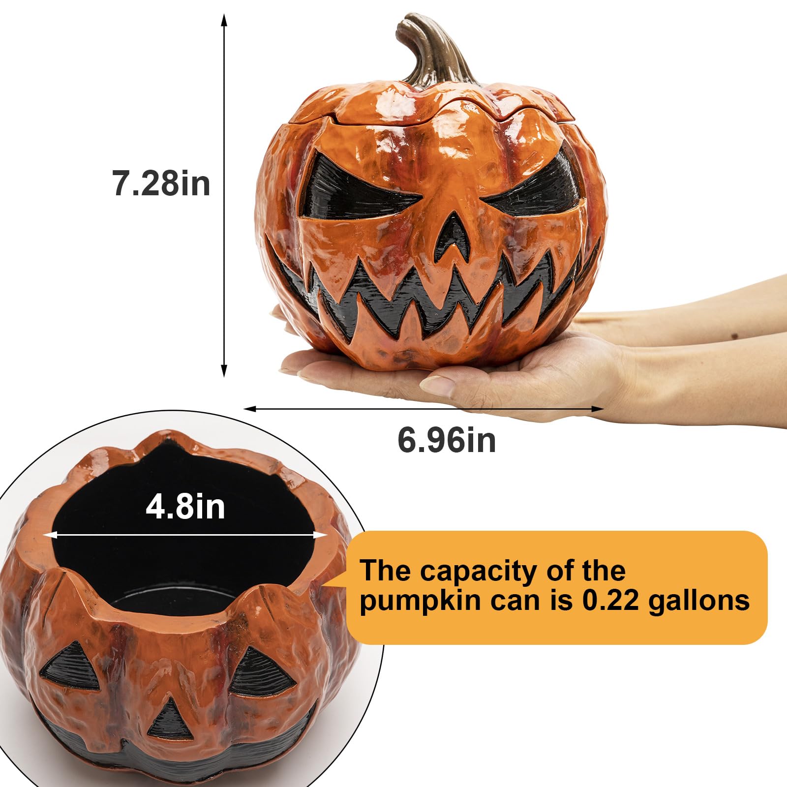 Bechivie Halloween Cookie Jar With Lid, 7.3x7inchs Resin Fall Thanksgiving Pumpkin Candy Bowl Dish With Double Sided Face, Small Halloween Food Snack Storage Containers
