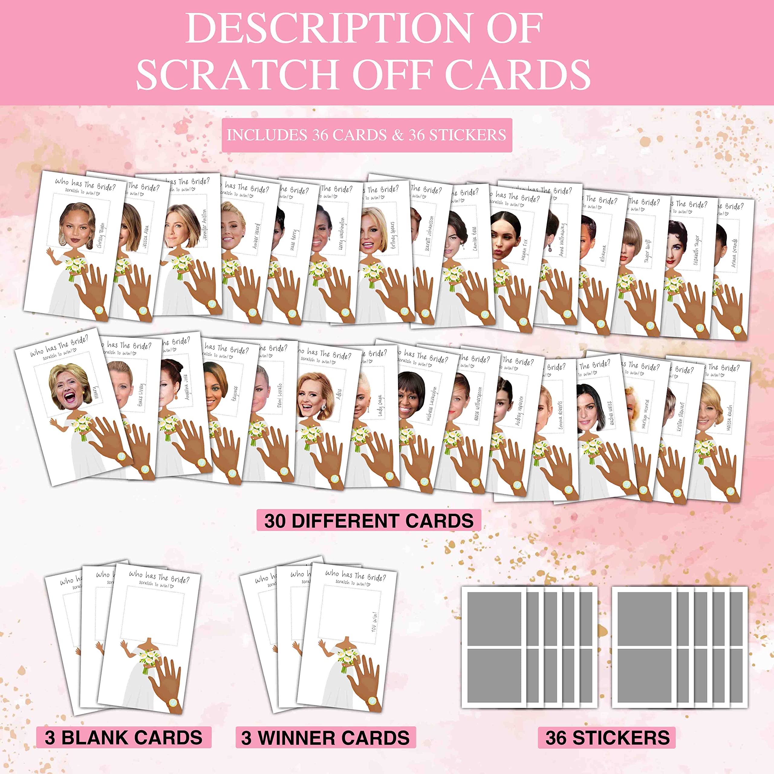Bridal Shower Games - Who Has The Bride Scratch Off Celebrity Cards - Bachelorette Party Game Favor Decor- Wedding Party/Engagement Party Idea Activity - 36 Mini Size Cards(03)