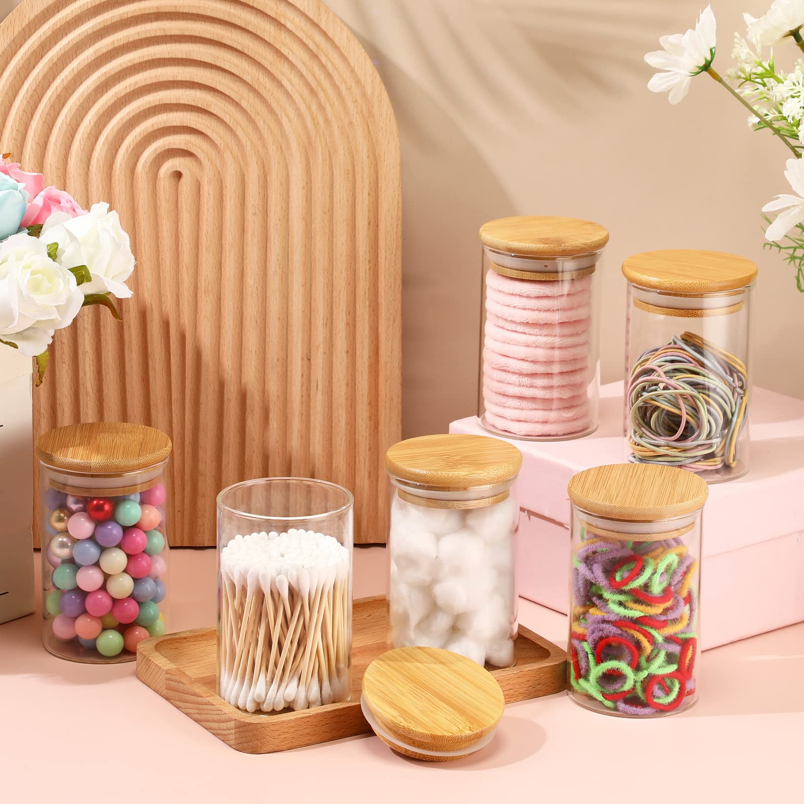 Irenare 6 Pack Glass Apothecary Jars with Lids Bamboo Bathroom Accessories Cotton Balls Pads Swabs Holder Jar Bathroom Canisters for Vanity Accessories Storage