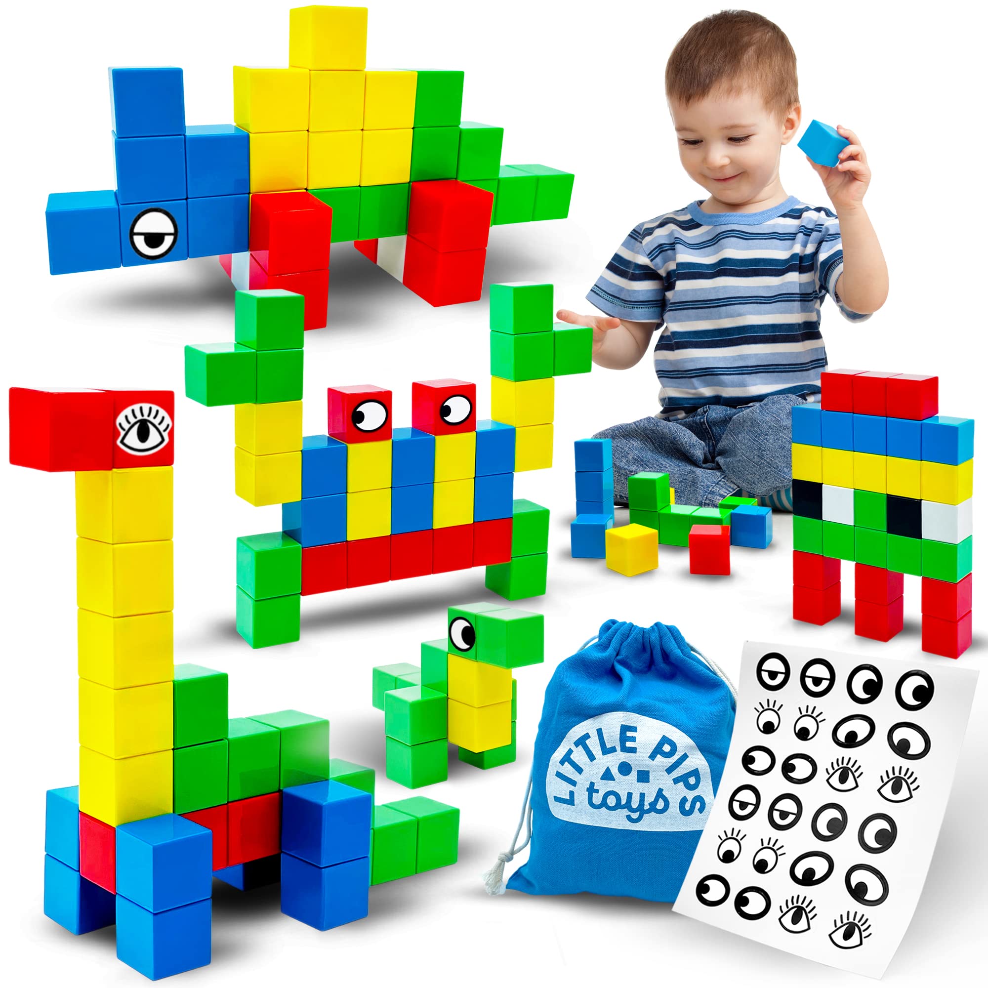 LITTLE PIPS TOYS 50PCS Magnetic Blocks for Kids [Ages 3–6] – 3D Magnetic Building Blocks Set with Child-Safe Magnetic Cubes & Eye Stickers – STEM Magnetic Toys for Critical Thinking, Motor Skills