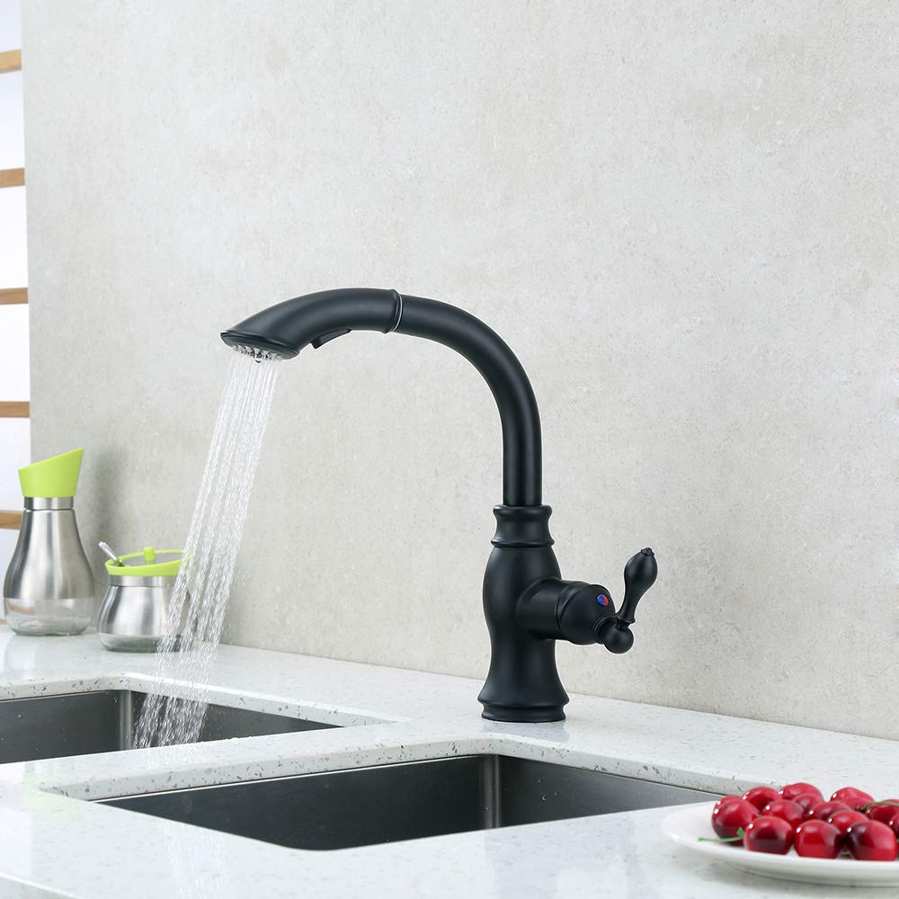 Derengge Single Handle Pullout Kitchen Faucet Without Deck Plate,1 Hole Installation, Meets cUPC NSF 61-9 AB1953, Matte Black Finished,KF-258G-MT