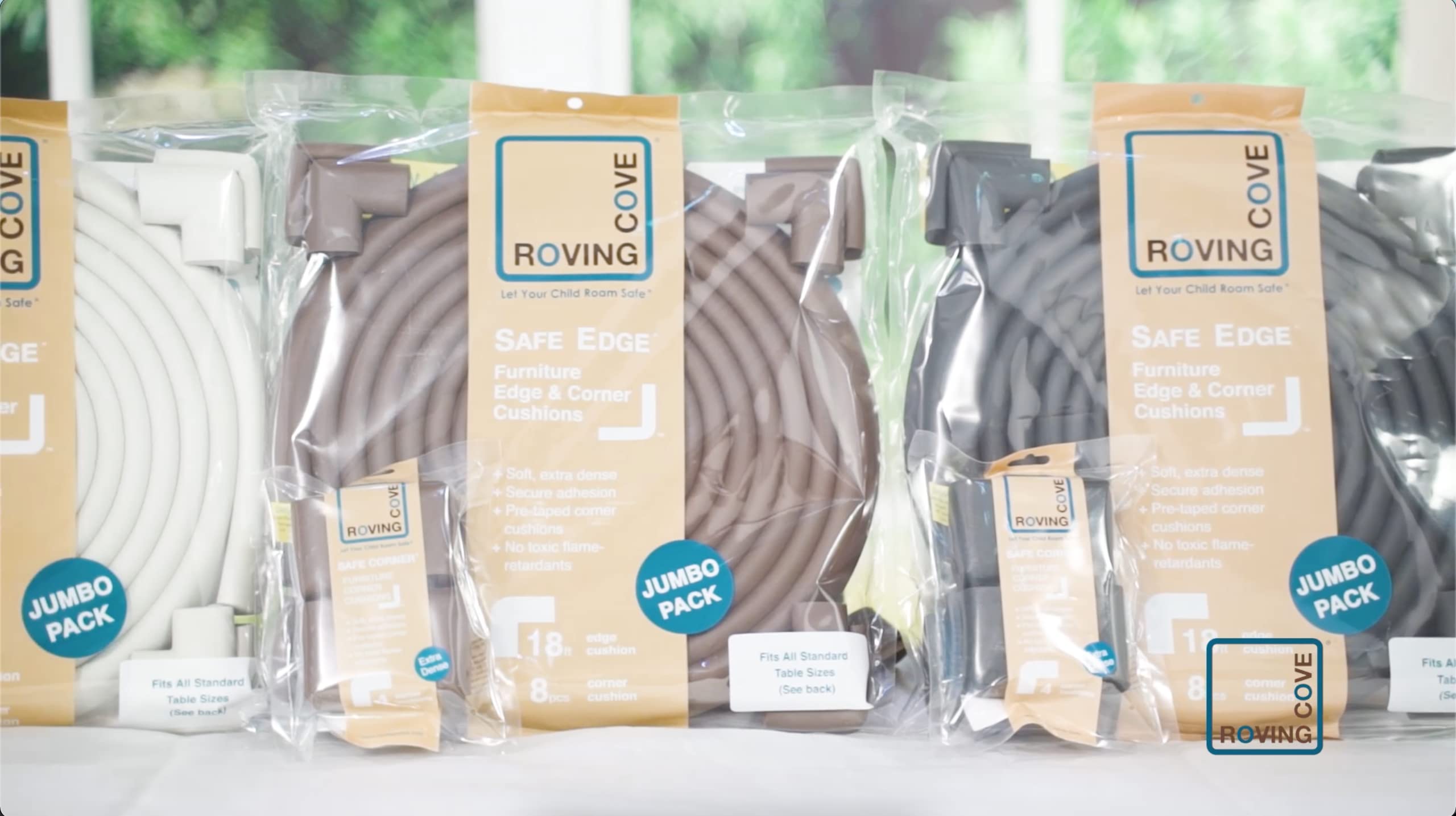 Roving Cove Edge Corner Protector Baby Proofing (Large 15ft Edge 4 Corners) - Hefty-Fit Heavy-Duty, Soft NBR Rubber Foam, Furniture Fireplace Safety Bumper Guard, 3M Adhesive, Coffee Brown