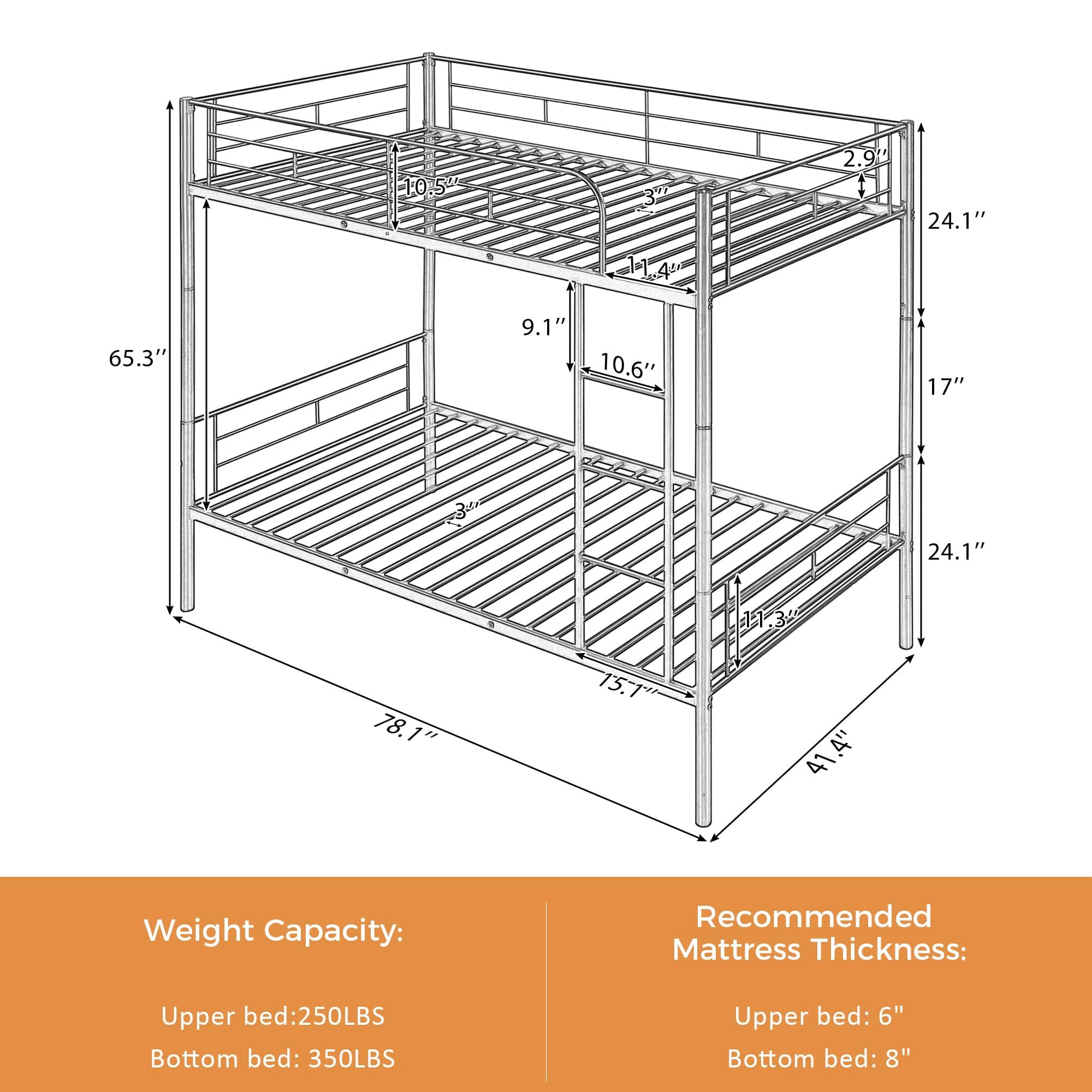 Merax Bunk Bed with Ladder and high Guardrail, Able to Split, Metal Bunk Bed, Storage Space, Noise Free,Twin Over Twin Size Bunk Bed,Black