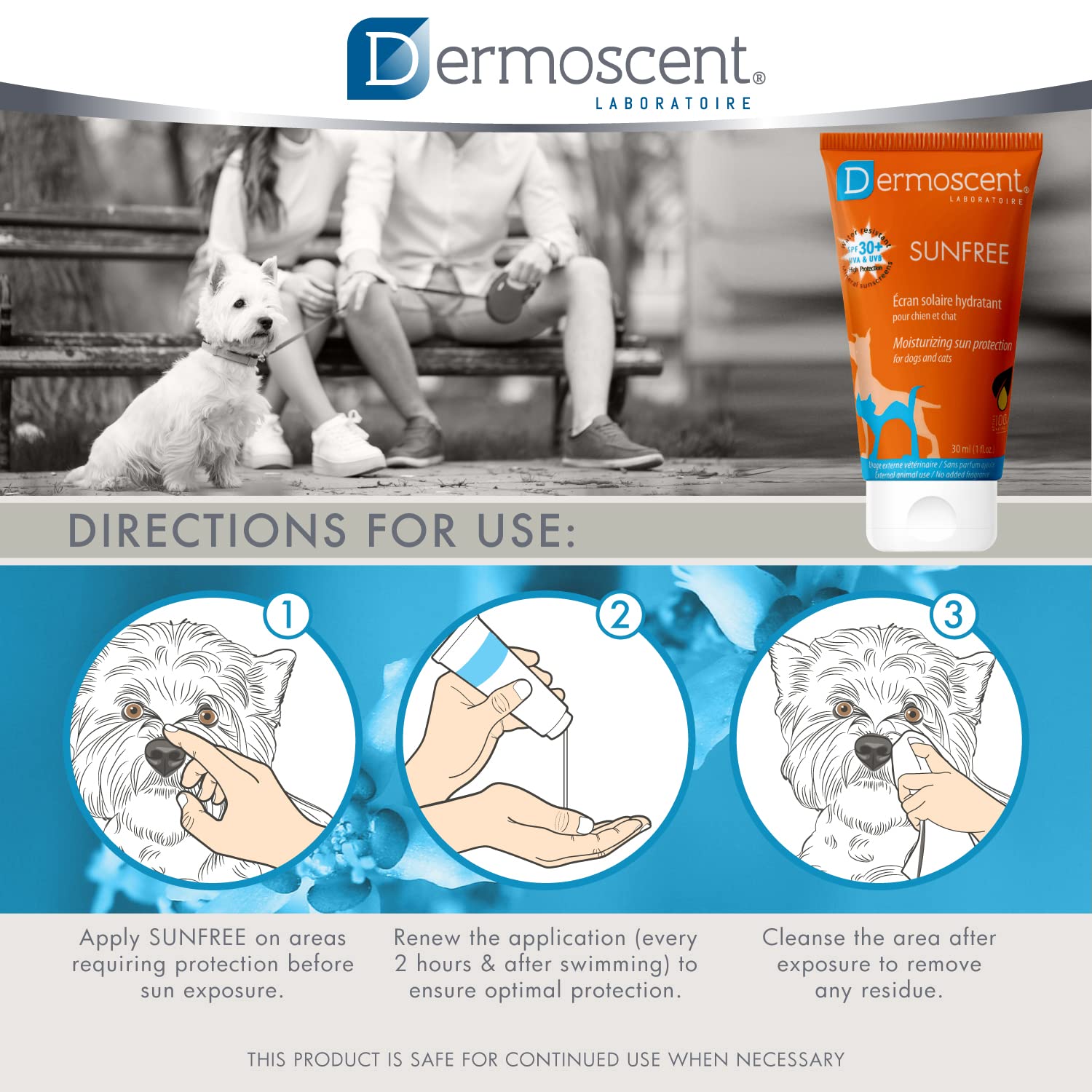 Dermoscent SunFREE SPF30+ Cat & Dog Sunscreen - Safe & Natural Mineral Sunscreen Moisturizing Sun Protection - 30 Ml / 1 Fl. Oz.