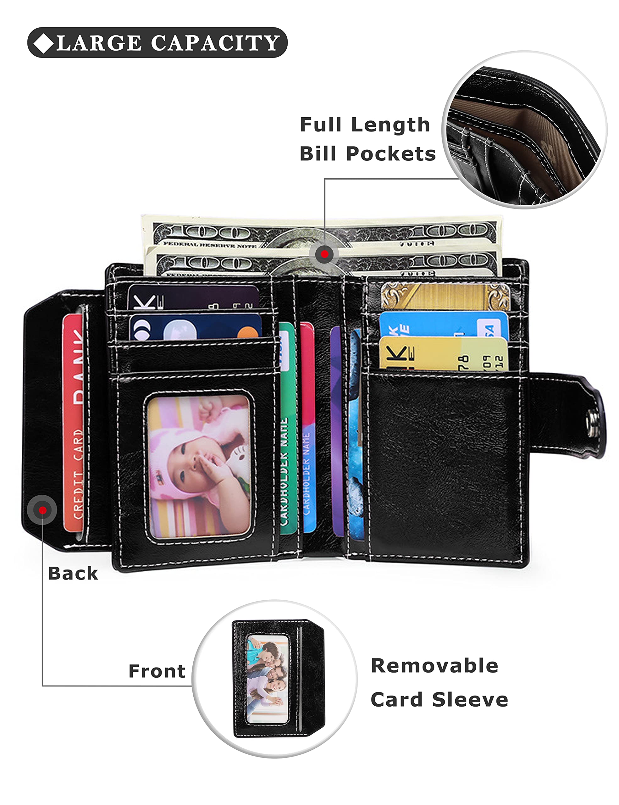 IamaCos Women Artificial Leather Wallets Compact Bifold Wallet RFID Blocking Card Holder Zipper Coin Purse 10 Card Slots 2 ID Windows Black