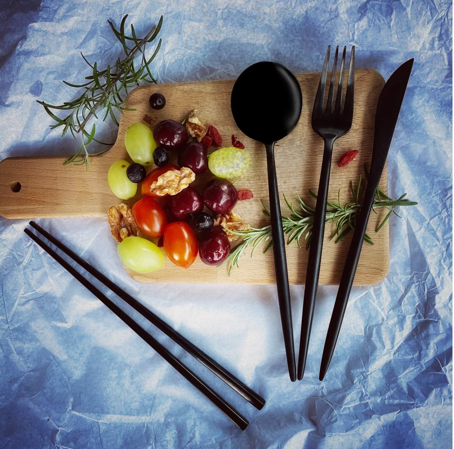 KiiZYs Matte Black Silverware Set - 8-piece Modern Flatware Stainless Steel Chopsticks β Kitchen Utensils Gifts for Couples - Cutlery Spoon Fork Knife Dishwasher Safe New Home (Black, Service for 2)