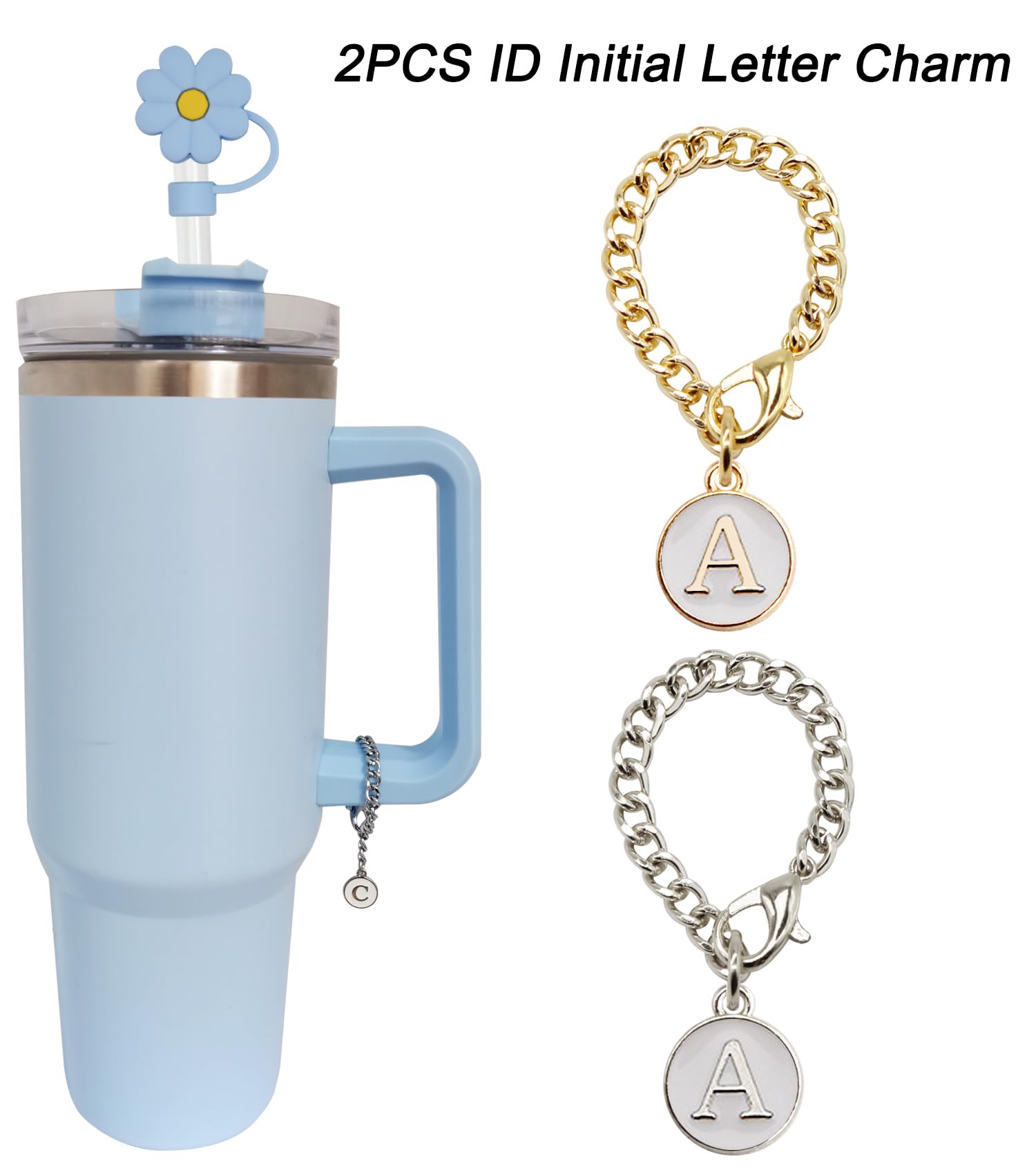 Altally 3PCS Straw Cover for Stanley Cup 30&40 Oz 10mm Flower Silicone Straw Topper Protector Lid with 2PCS Initial Personalized Letter Charm Stanley Tumblers Accessories (3pcs flowers+2pcs letter A)