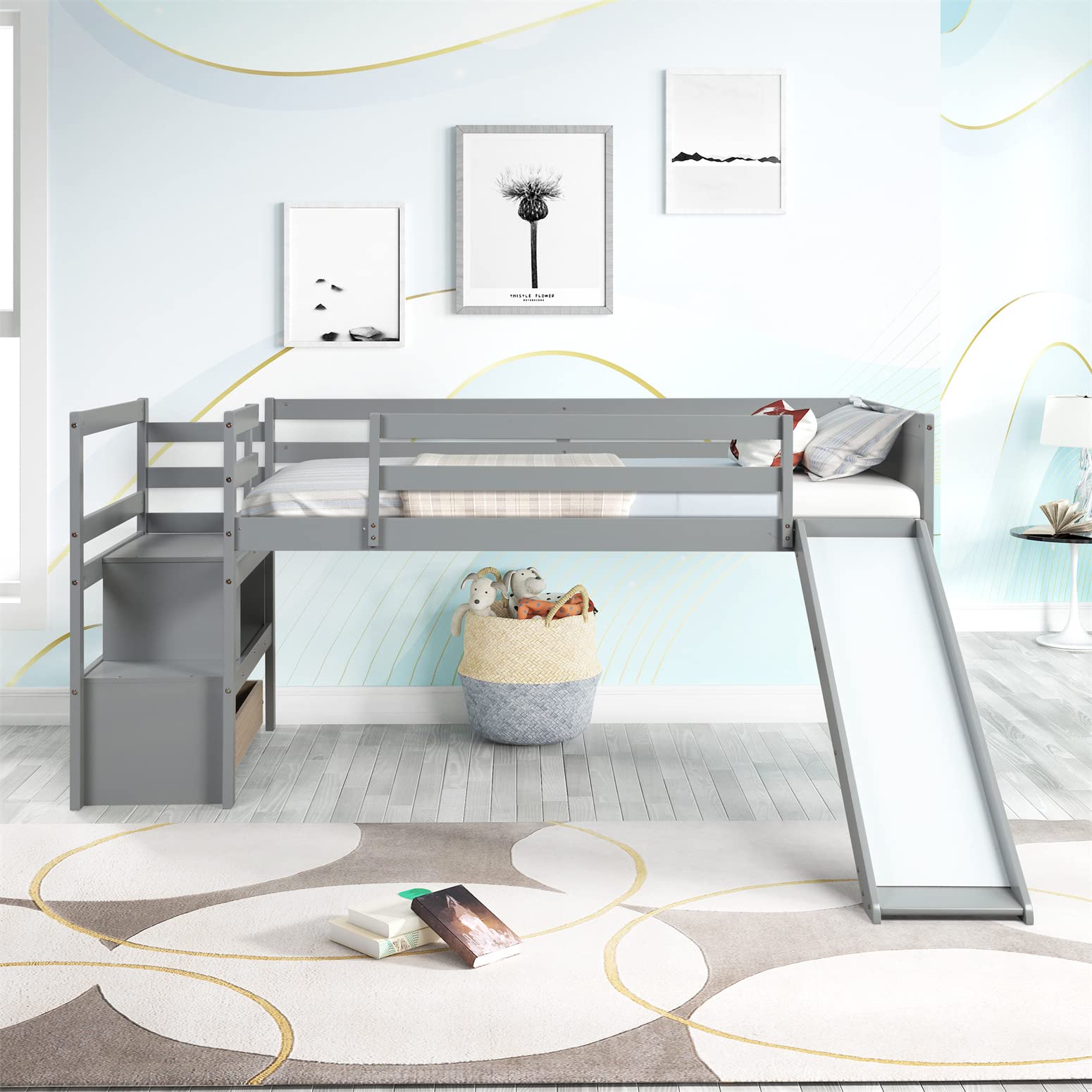 Low Loft Bed with Slide and Stairs Twin Loft Bed with Storage Wood Bed Frame for Kids Teens Girls Boys, Gray
