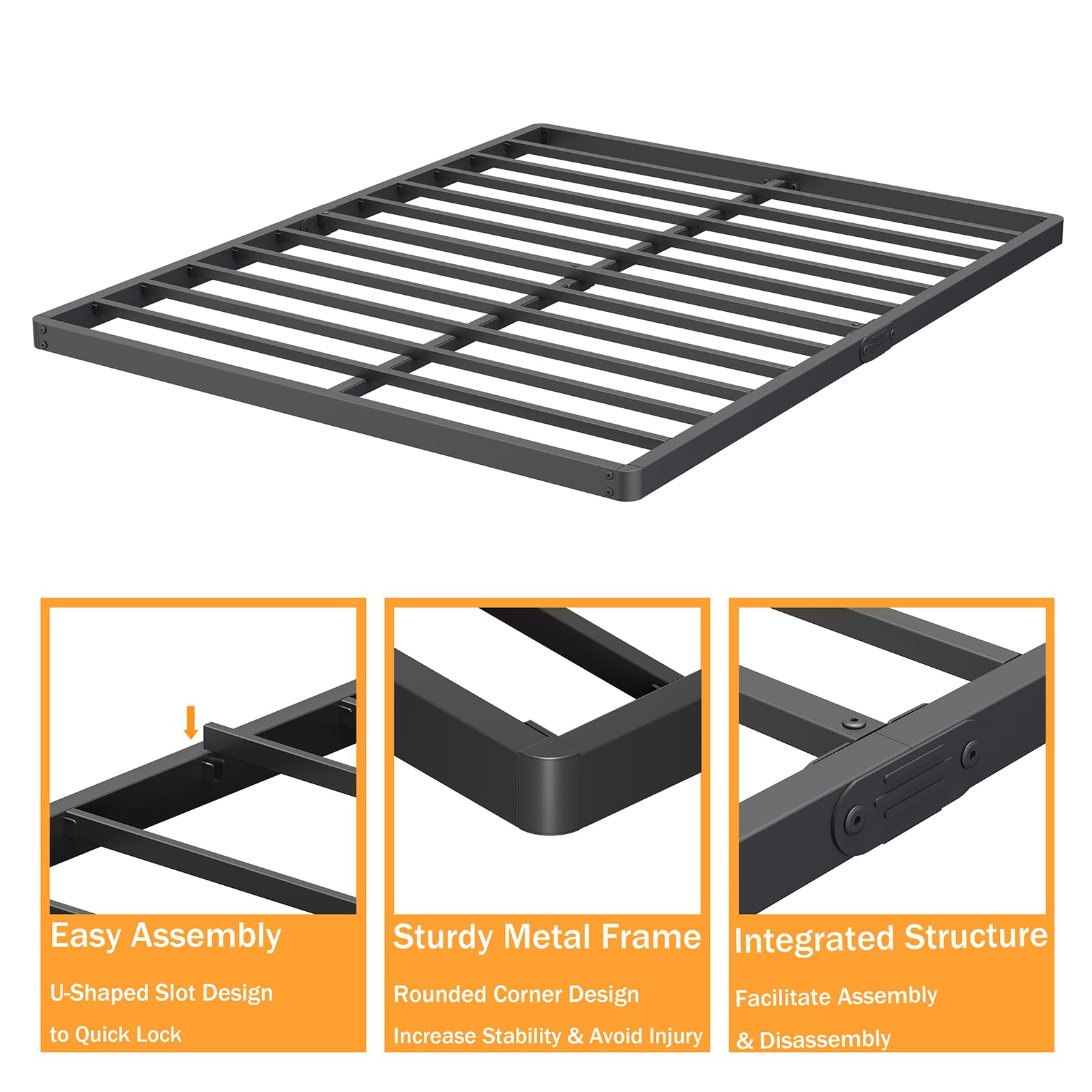Bednowitz 2 Inch High Queen Box-Spring with Steel Slats, Quick Lock Queen Bunkie-Board Only, Low Metal Frame Bed-Slat Replacement, Noise Free Mattress Surpoort Base, Black