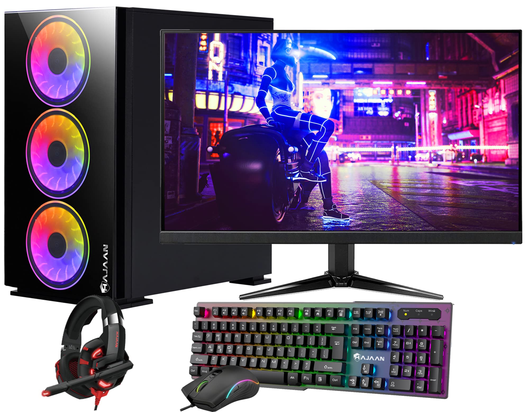 HAJAAN Breeze Gaming Desktop Tower PC with 24 Inch Gaming Monitor- Intel Core i3-10100F Processor 3.6GHz, 16GB DDR4 RAM, 512GB SSD, GeForce GT 1030 2GB, Gaming Headset, Windows 11 Pro