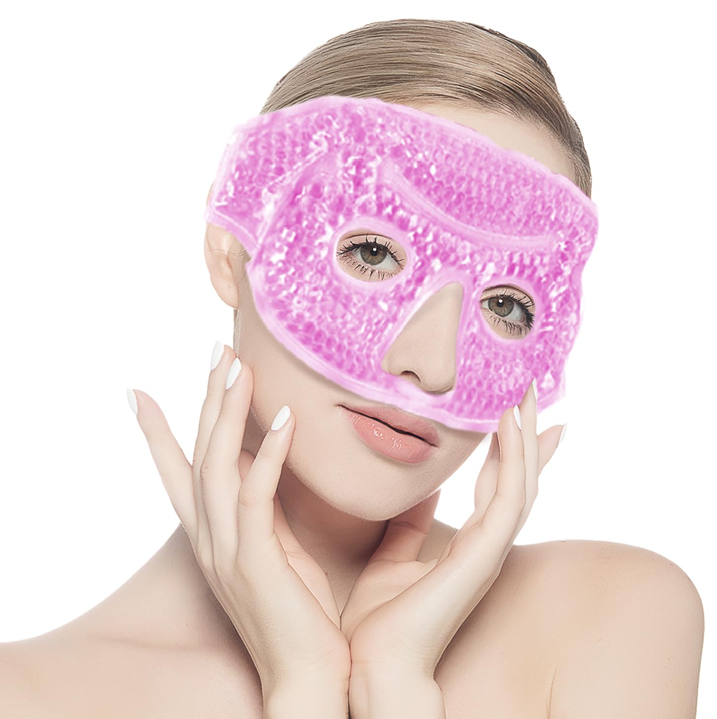 CONBELLA Ice Face Mask for Woman Man, Hot or Cold Gel Bead Ice Mask for face with Eye Holes & Soft Plush Backing, Ice Gel Freezer Eye Mask for Puffy Eyes, Redness, Headaches, Stress (#43 Green)