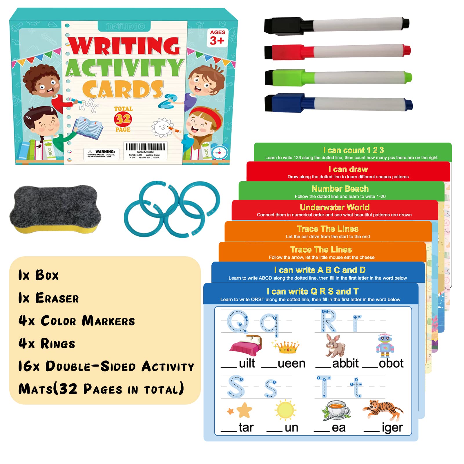 Preschool Learning Activities Educational Games, Busy Book-Learn Alphabet Number Line Tracing Drawing with 16 Activity Mats 4 Markers Montessori Toys For Toddlers Homeschool Supply Ideal Gift For Kids