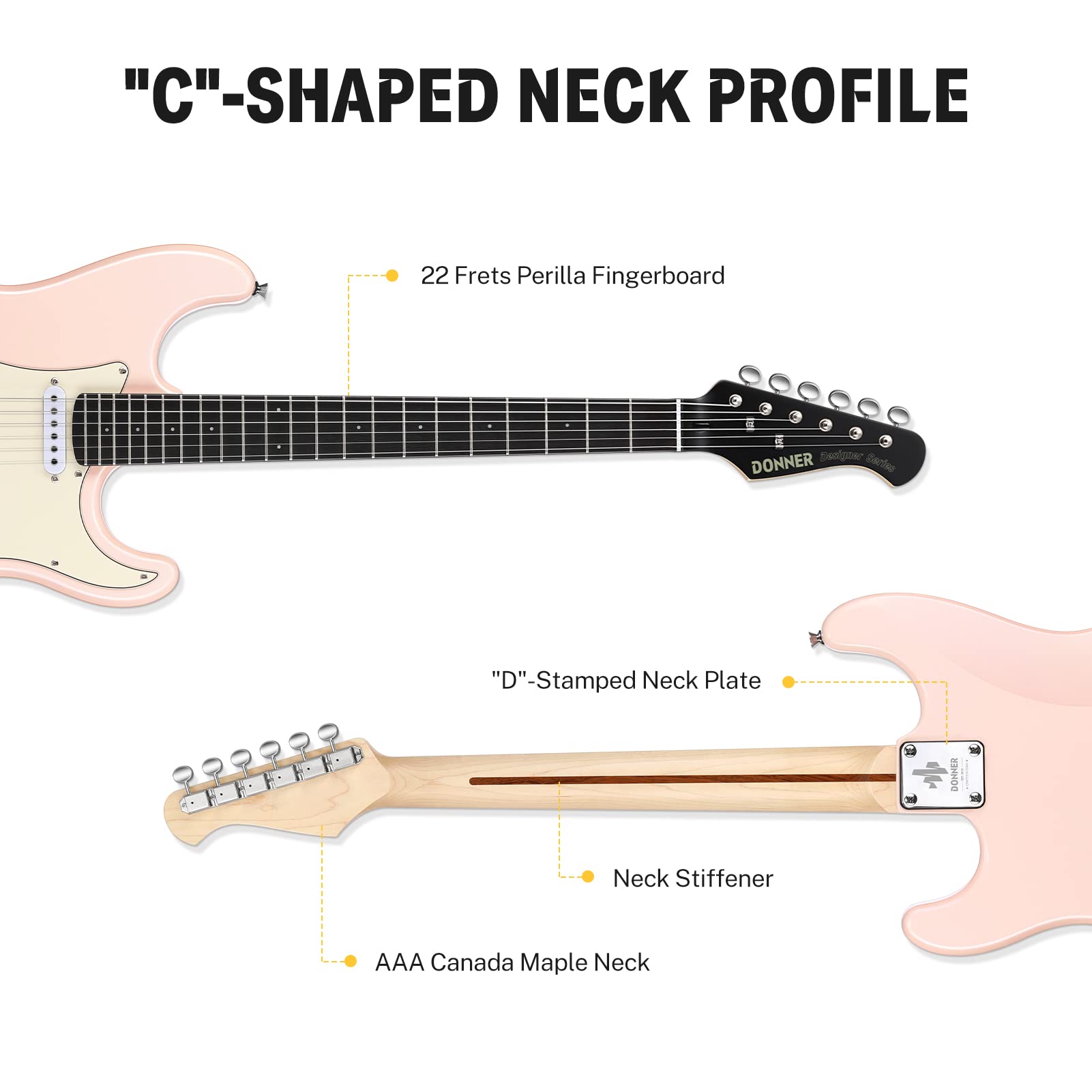 Donner 39 Inch Electric Guitar, Designer Series DST-200 Stylish Solid Body Electric Guitar for Beginner Intermediate & Pro Players, Single Coil Split System, Bonus Bag, Cable, Strap Blossom Pink