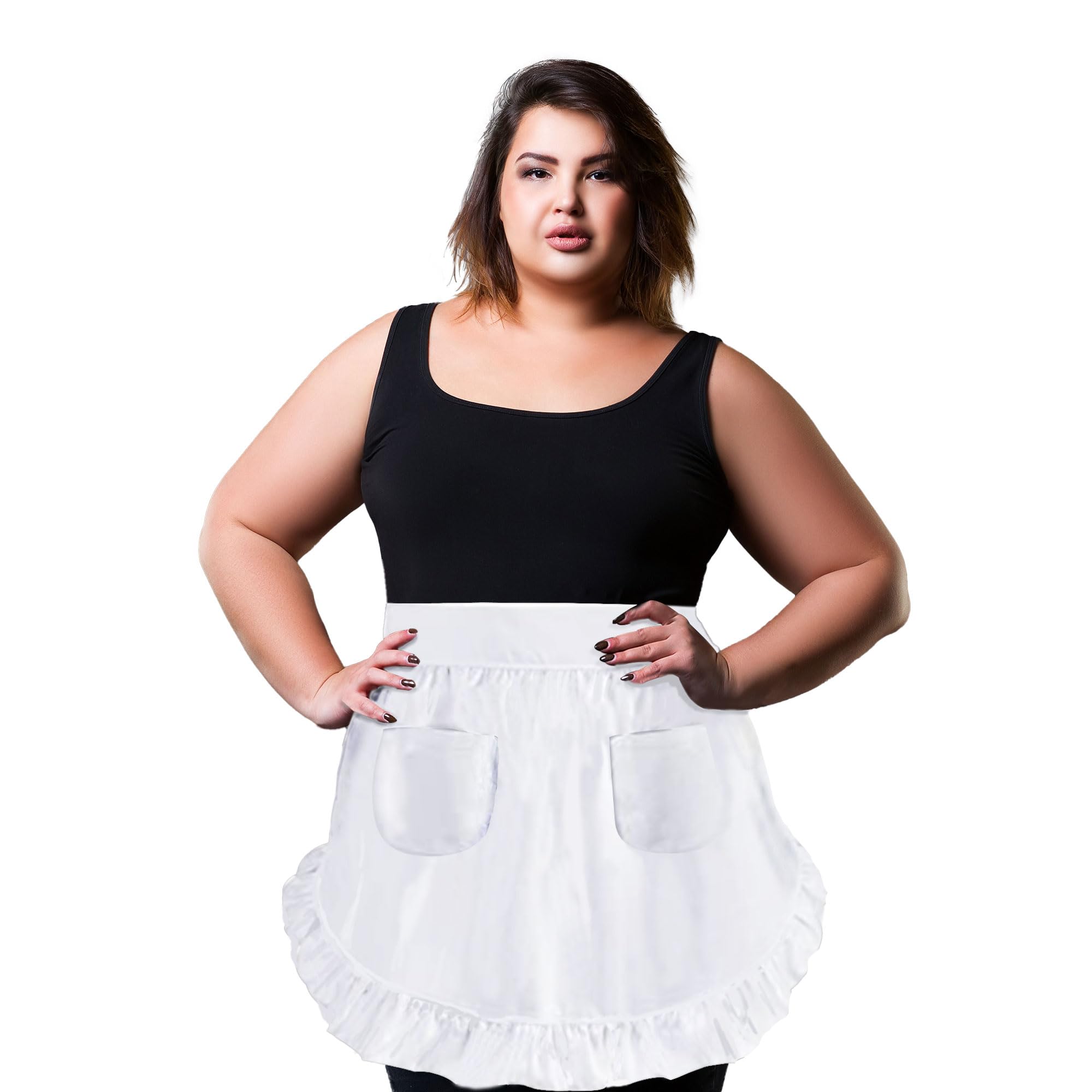 CBTRFASHION PLUS SIZE 100% Cotton Vintage Kitchen Waist Apron with Two Pockets Great Gift for Wife or Ladies with Extra Long Ties (White)