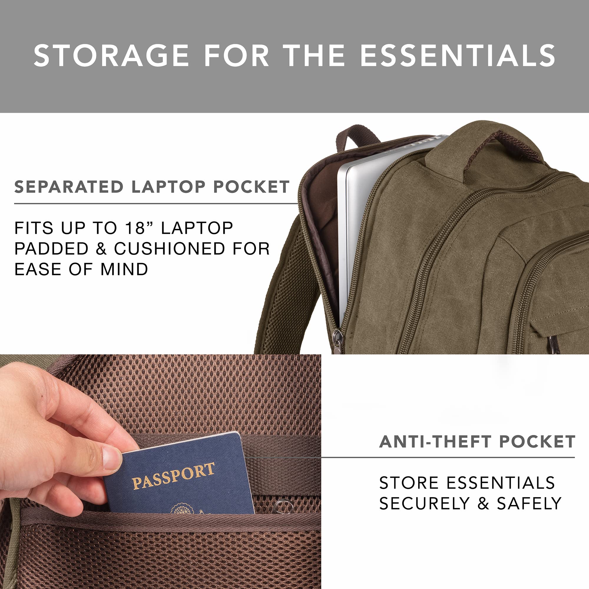 Ama Dablam Canvas Backpack | 18” Laptop Pocket | XL Size - 30L | Many Pockets | Durable Zippers (Olive)