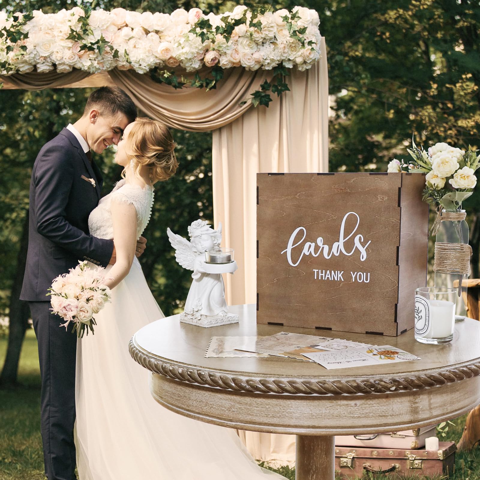 OurWarm Wedding Card Box with Lid, Wood Gift Card Box for Wedding Reception, Rustic Envelope Money Box for Wedding Party Birthday Bridal Shower Baby Shower Graduation Decorations (10x10x6 inches)