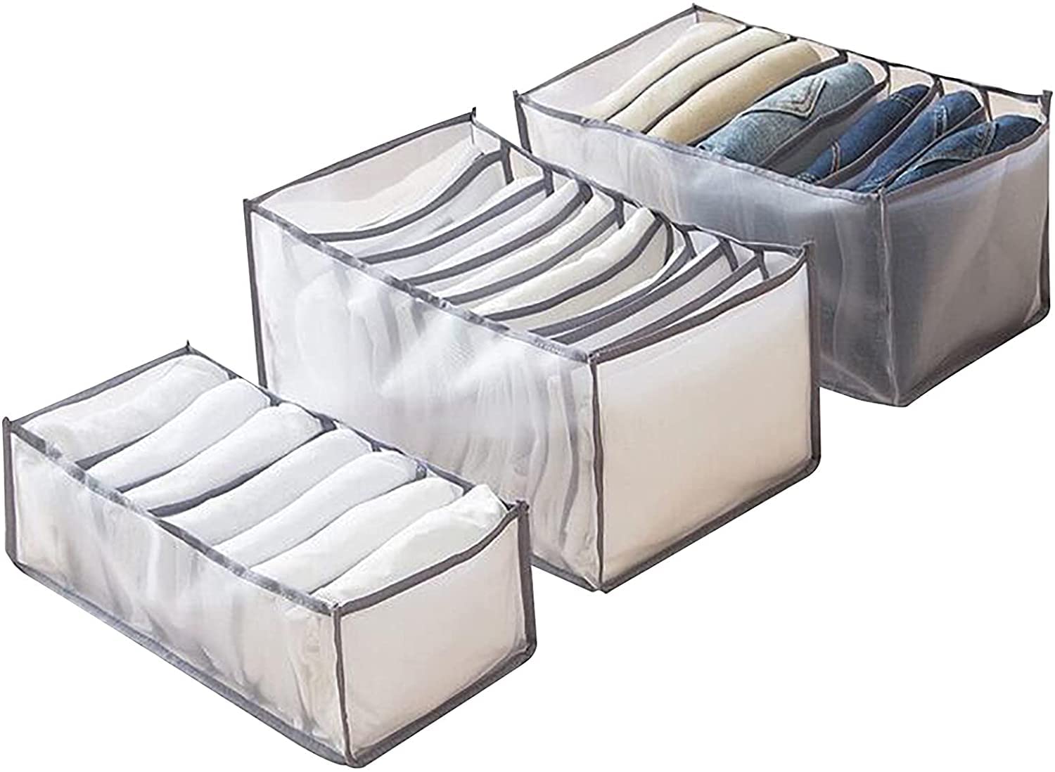 Flocovers Wardrobe Clothes Organizer(2PCS)- Washable Drawer Dividers for Clothes - Pants, Jeans, T Shirt Organizer for Drawer - Folded Closet Organizers (GRAY, 3 Pack -Leggings-Jeans-T-shirts)