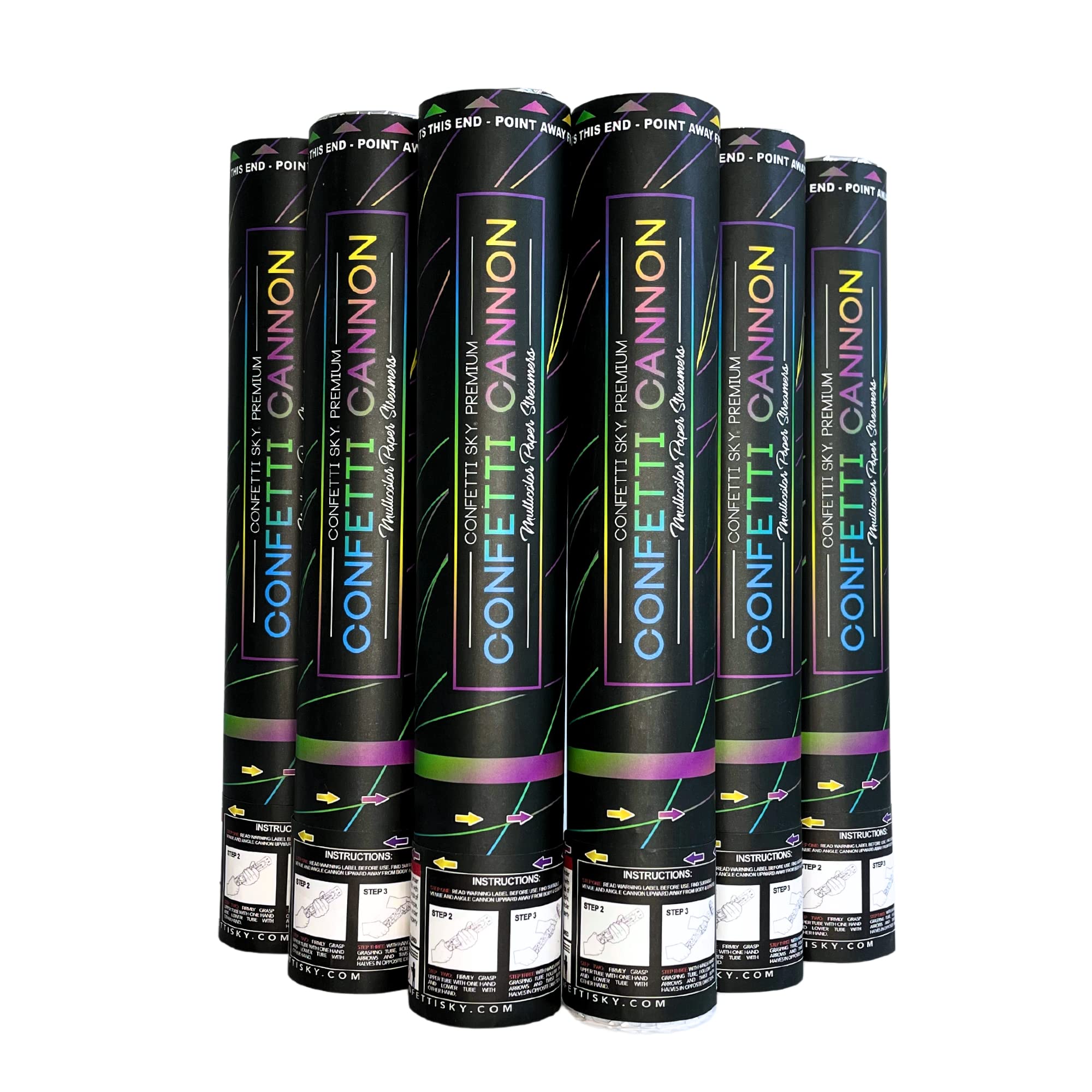 Confetti Sky [6 Pack] 12 Inch Streamer Cannons | Multicolor Streamers Cannons for Wedding Celebration, Birthday Party, Pranks, Graduation, Christmas Eve and New Year Celebrations (Multicolor)