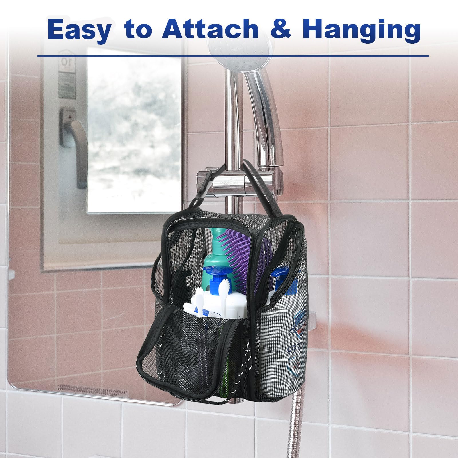 Cosmos Mesh Shower Caddy Toiletry Organizer Hanging Shower Tote Bag, Quick Dry Shower Organizer Portable Bath Bag with Durable Zippers & Side Pockets for Travel, Gym, Swimming, Beach and Camp