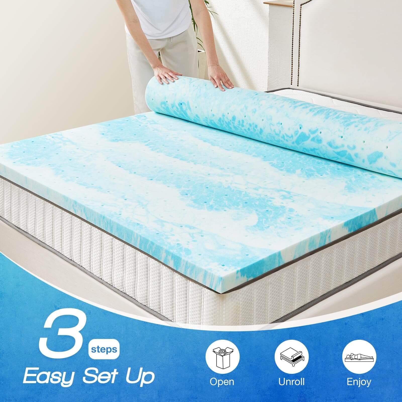 BAOMKONG 3 Inch Gel Memory Foam Mattress Topper Full Size Cooling Mattress Thick Pad Swirl Infused Bed Topper Ventilated Breathable, Sky Blue