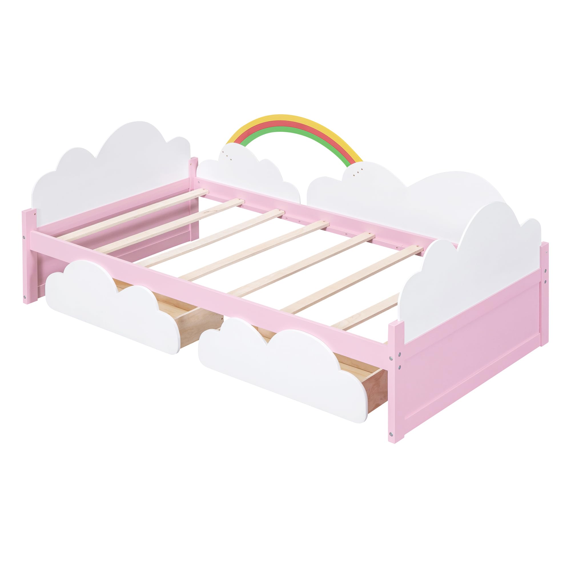 Harper & Bright Designs Twin Size Daybed with 2 Storage Drawers, Wood Kids Twin Bed Frame with Clouds and Rainbow Decor, Twin Storage Bed Frame for Kids Girls Boys, No Spring Box Required, White+Pink