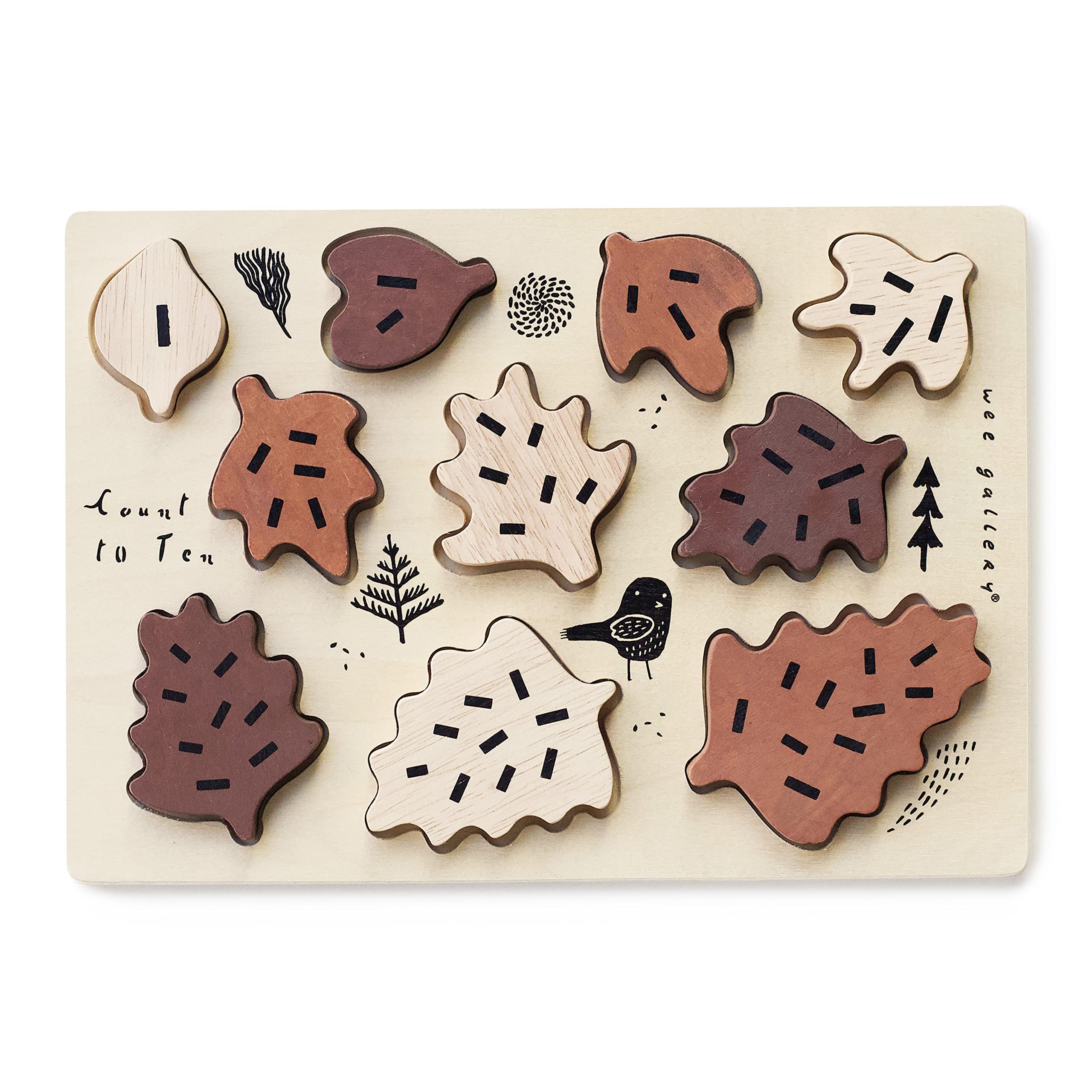 Wee Gallery Wooden Tray Puzzle Count to Ten Leaves - Montessori Toys for Early Learning & Fine Motor Skill Development - Sustainable Educational Toys for Kids - (10x7 Inches)