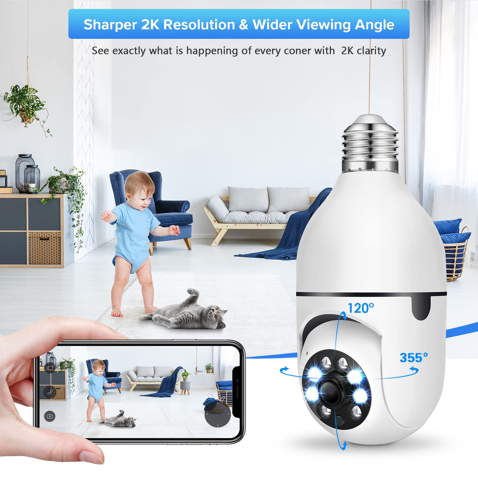 ANBIUX Light Bulb Camera, 2K 3MP 360 Degree Panoramic Light Bulb Camera WiFi Outdoor with Night Vision & Motion Detection & 2-Way Audio, Light Bulb Security Cameras for Baby/Elder/Pet/Outdoor/Indoor