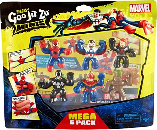 Heroes of Goo Jit Zu Marvel Minis - Mega 6 Pack. 6 Squishy, Stretchy, Gooey Mini Marvel Heroes 2.5" Tall - Spider-Man, Captain America-Sam Wilson, Venom, Captain Marvel, Groot and Black Widow
