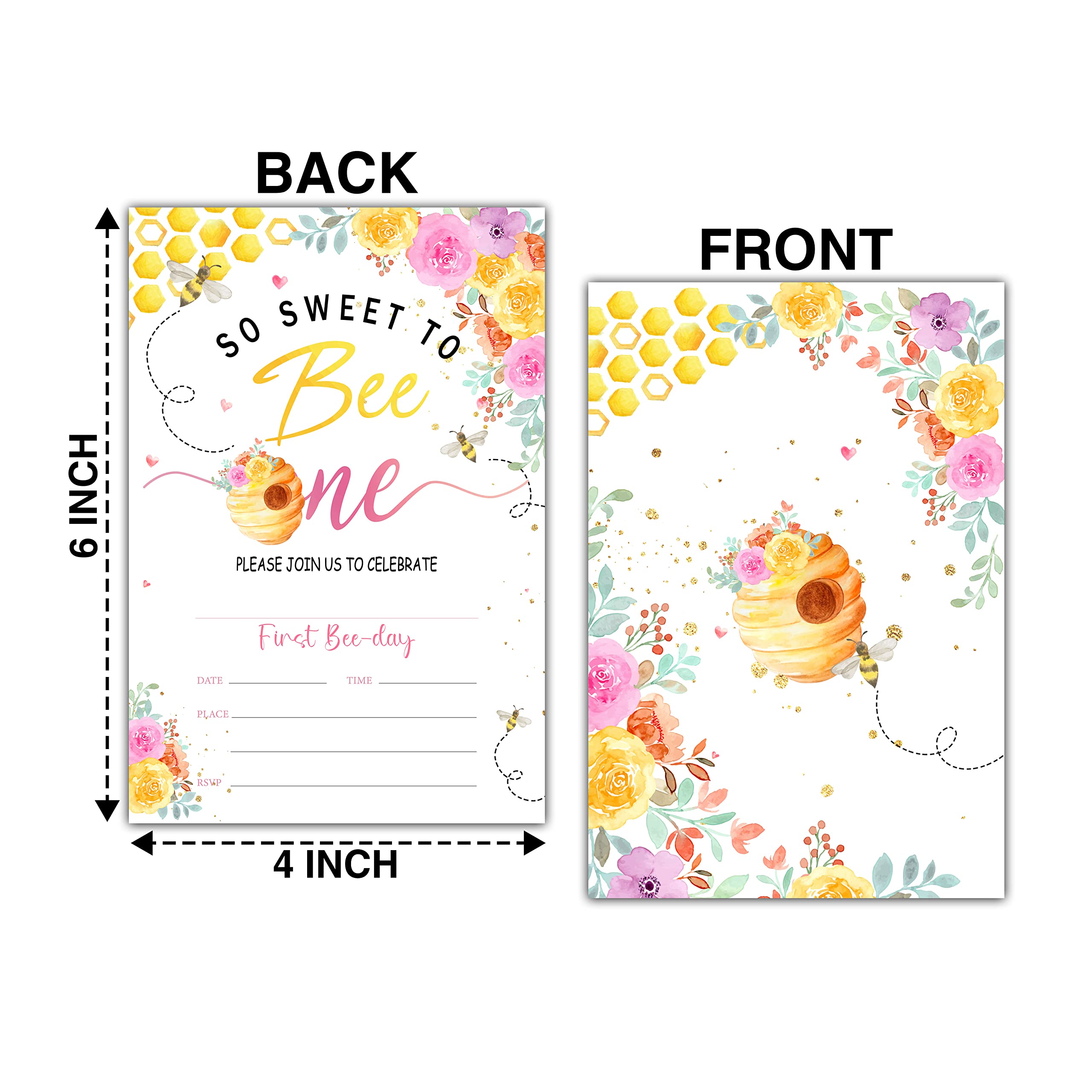 Buildinest Honey Bee 1st Birthday Party Invitations with Envelopes (20-Pack), 4"x6" So Sweet To Bee One Birthday Invitation Cards, First Bee-Day Party Invites-B10