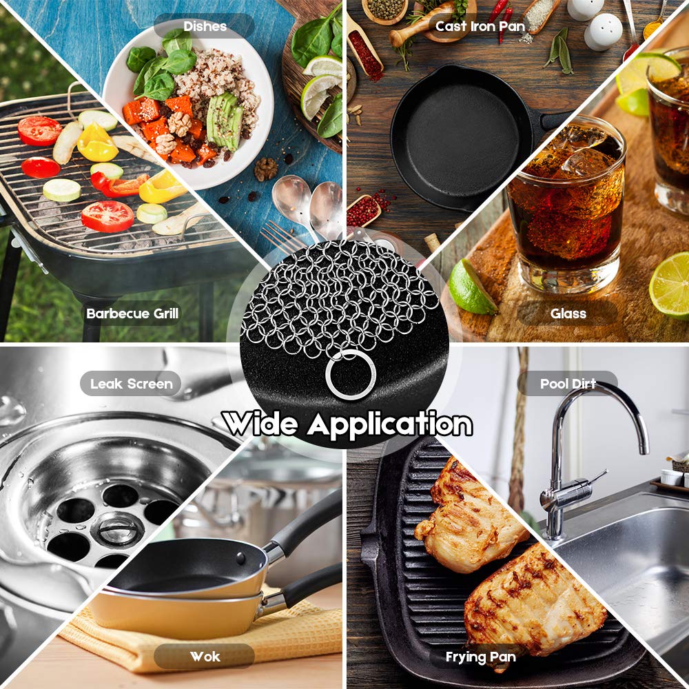 AMAGABELI GARDEN & HOME 7βx7β Cast Iron Cleaner 316 Stainless Steel Cast Iron Scrubber Chain Mail Scrubber Cast Iron for Pans Dutch Ovens Grills BG240