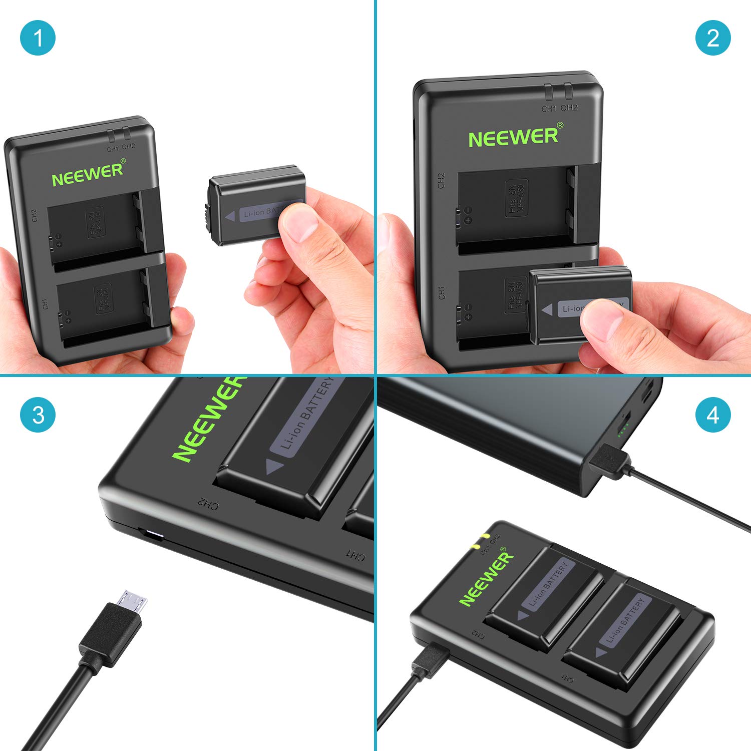 Neewer NP-FW50 Camera Battery Charger with Battery Case Compatible with Sony ZV-E10,A7,A7R,A7RII,A7II,A7SII,A7S,a6300,a6400,a6500,RX10 Series (Pack of 2,Micro USB Port,1100mAh)