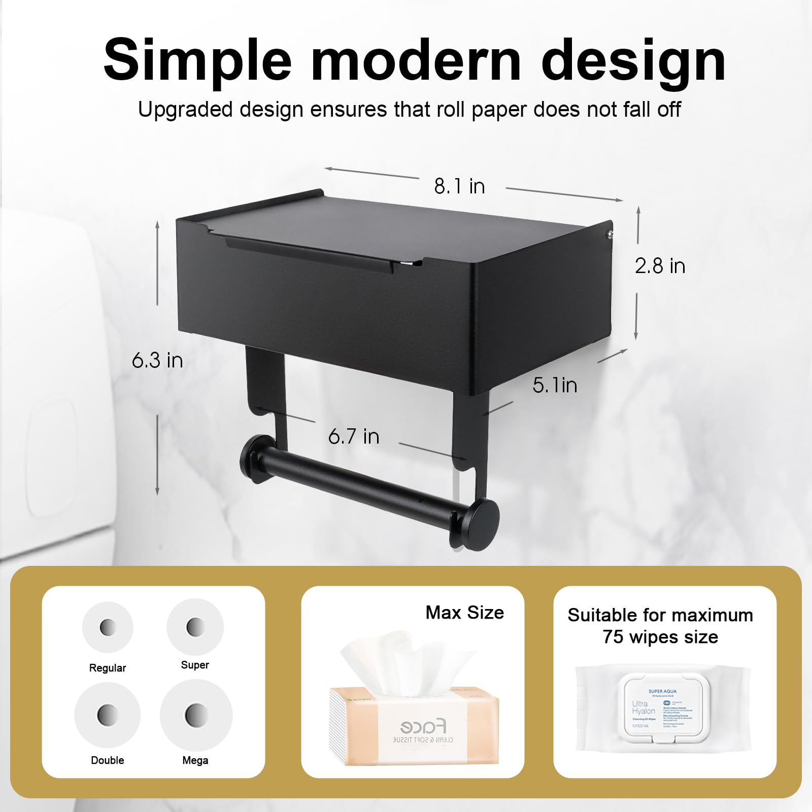 Beileqi Matte Black Toilet Paper Storage Holder with Shelf for Wet Wipes, Sanitary Tampon, Trash Bags, Bathroom Wipes Holder Accessory Space Saver and Organizer