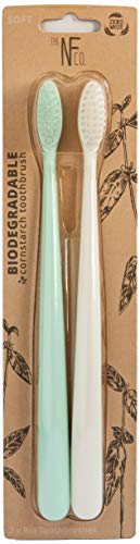 The Natural Family Co. Bio Toothbrush, Soft Nylon Bristles with Non GMO Cornstarch Handles, Plastic Free Packaging and Ivory Desert and Rivermint Twin Pack