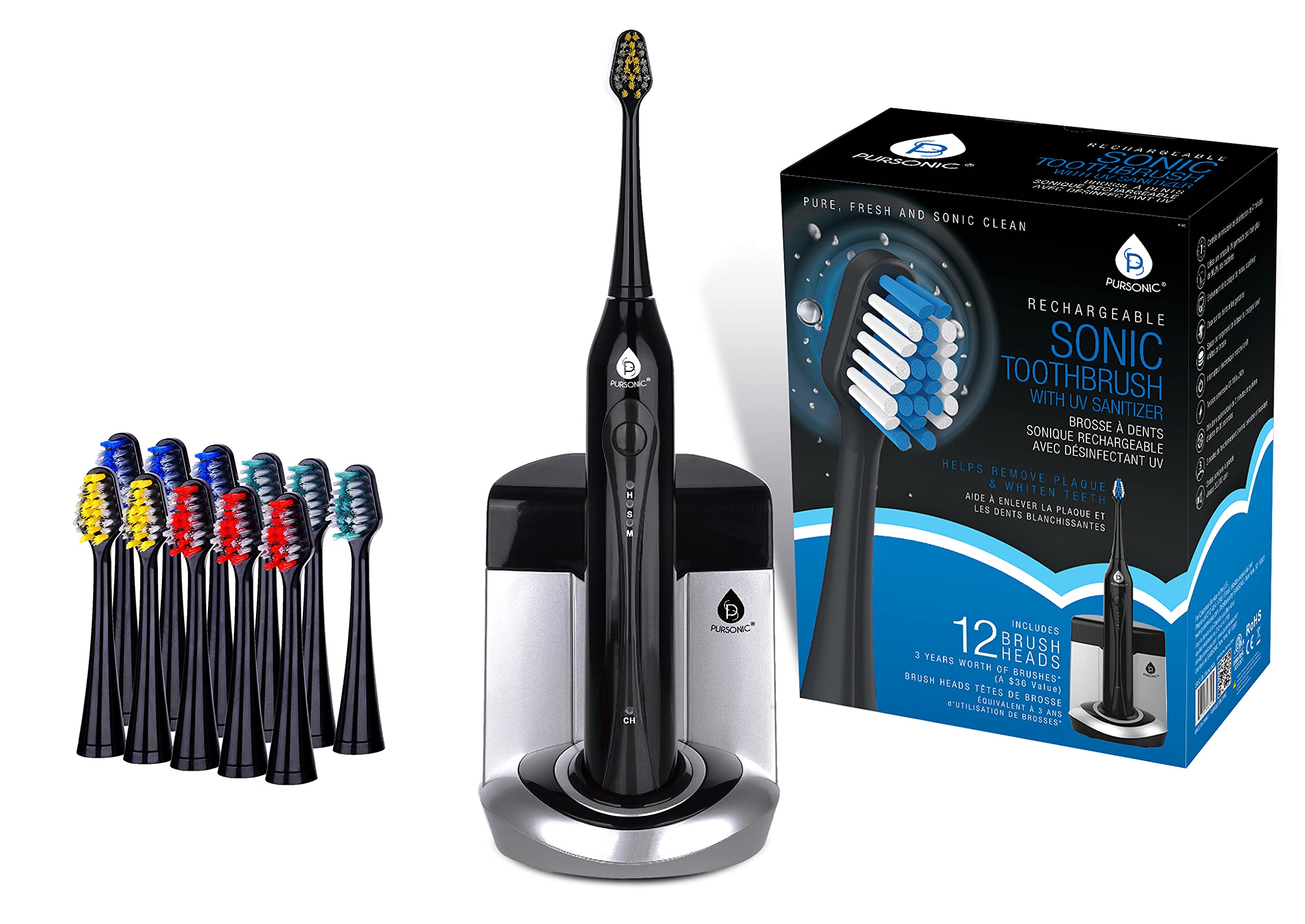 Pursonic S450 Deluxe Plus Rechargeable Sonic Electric Toothbrush with built in UV Sanitizer and bonus 12 brush heads included, Silver