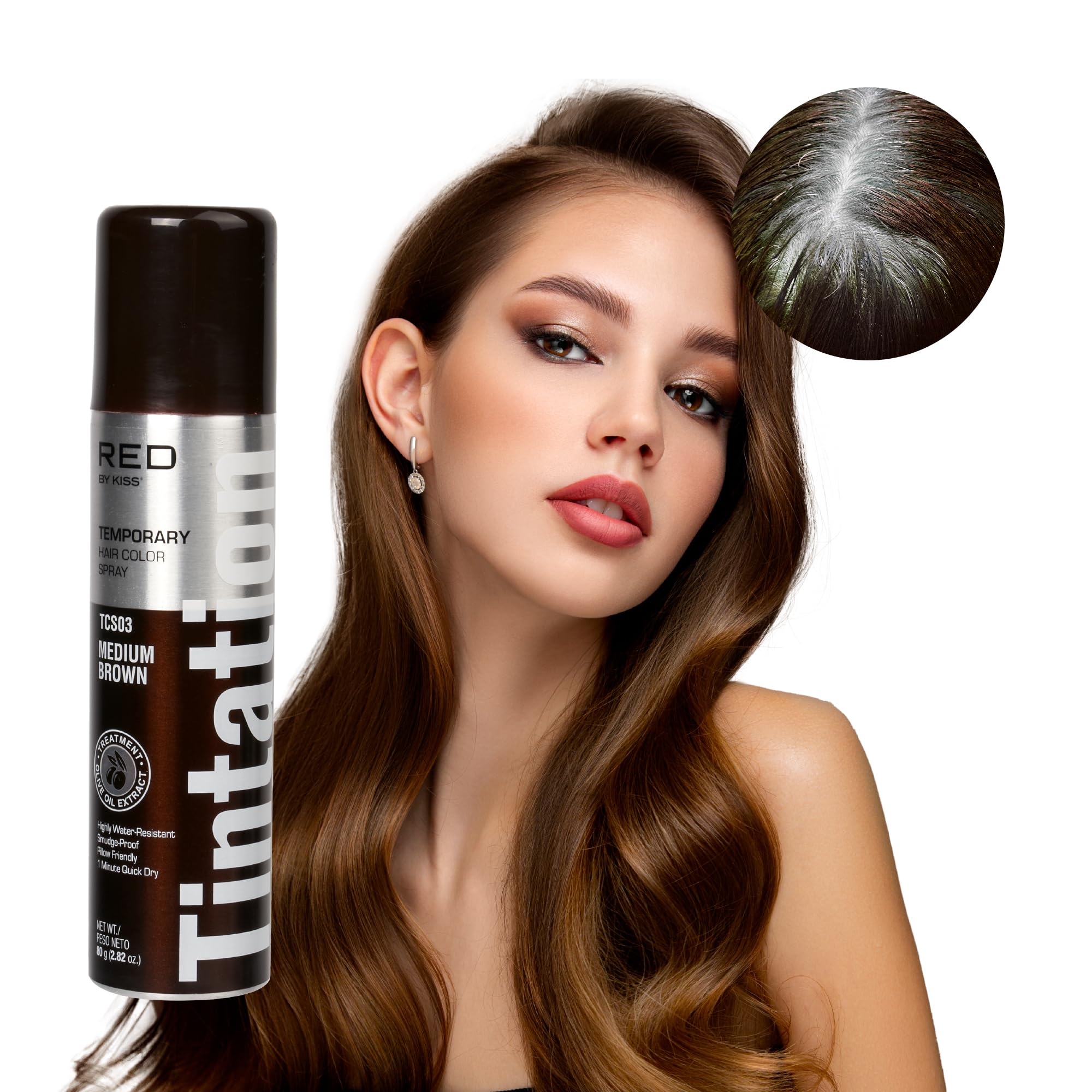 RED by Kiss Tintation Temporary Hair Color Spray, Instant Gray Root Cover Up, Water-Resistant, Smudge-Proof, Easy Wash Out, Hairline & Barber Touch-Up, Quick Dry (Medium Brown)
