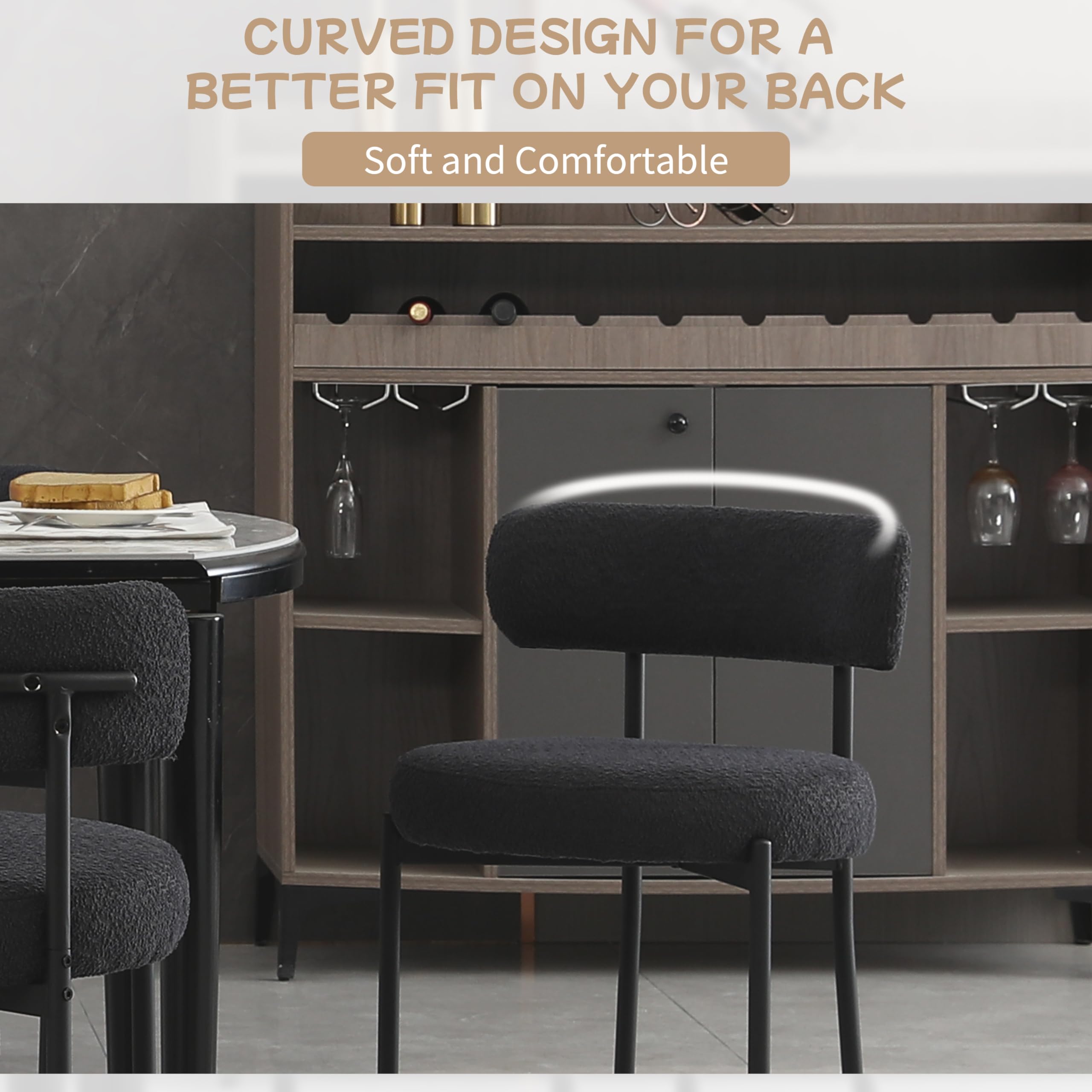 AISALL Black Dining Chairs Set of 2 Round Upholstered Boucle Dining Room Chairs Mid-Century Modern Kitchen Chairs Curved Backrest Chairs for Dining Room Black Metal Legs