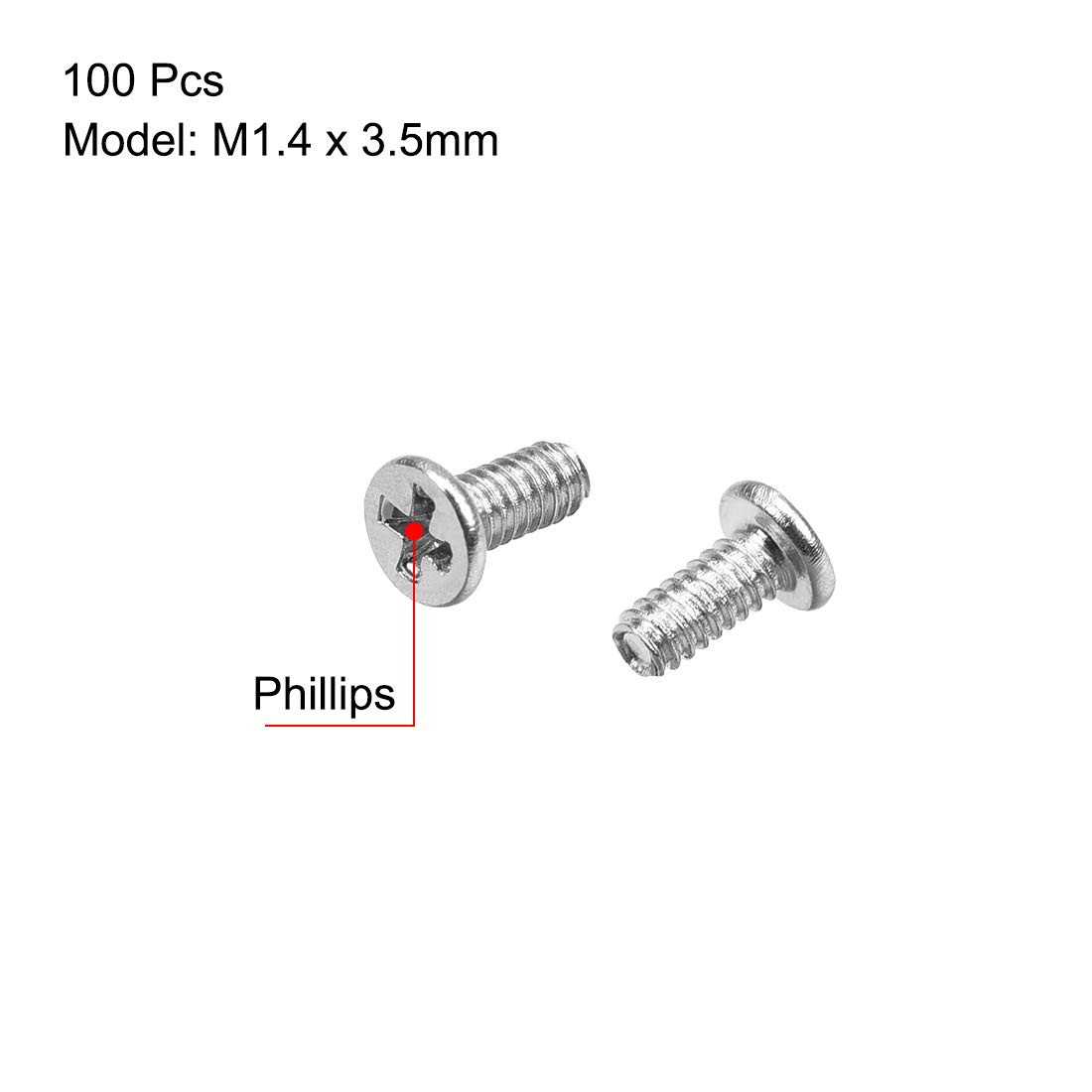 uxcell M1.4x3.5mm Phillips Screw Fastener Silver Tone 2.5mm Dia Screw Head for Laptop PC TV Fan Audio Switch 100pcs