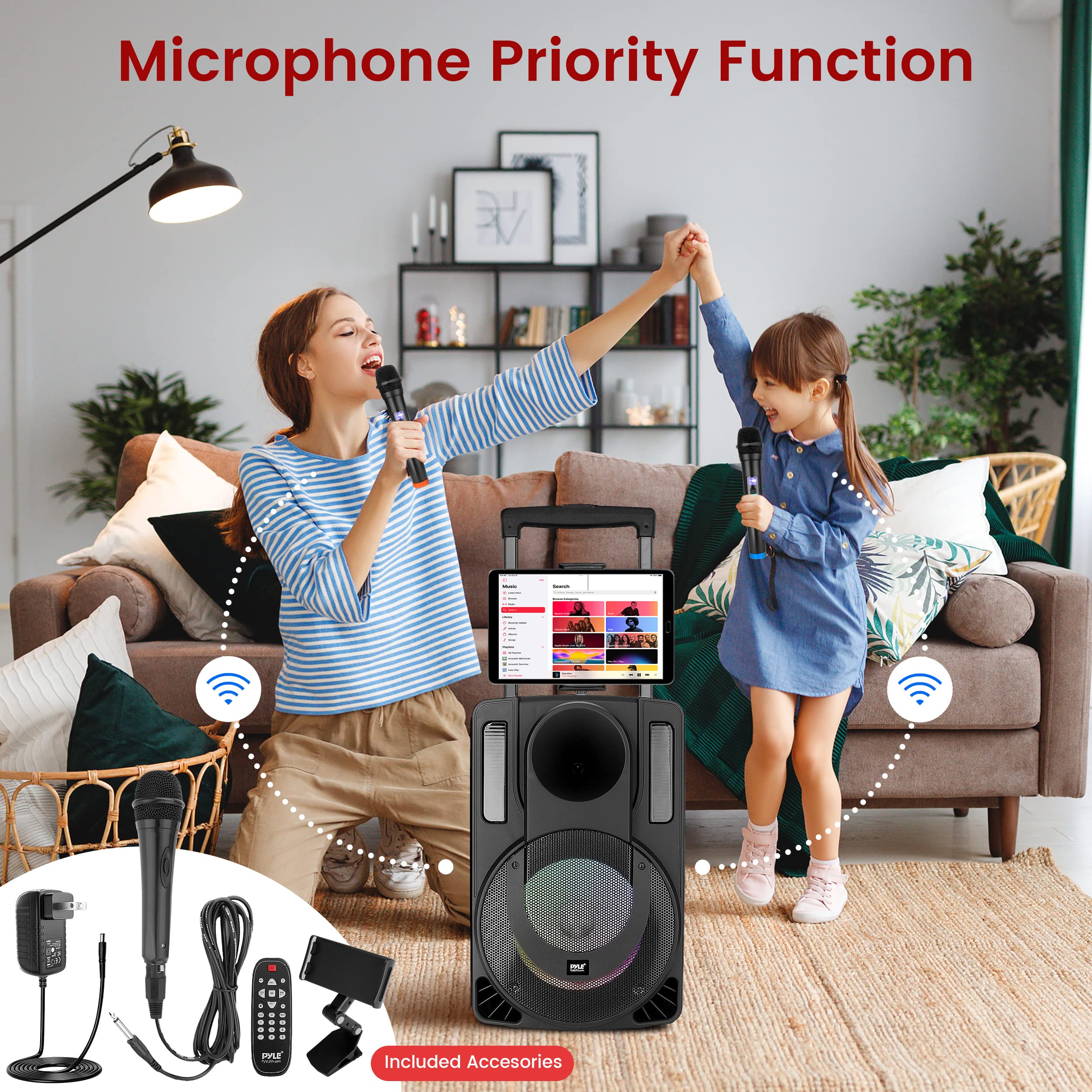 Pyle 12’’ Portable PA Speaker System - Wireless BT Streaming PA & Karaoke Party Audio Speaker, Two Wireless Mic, Wired Microphone, Tablet Stand, Flashing Party Lights, MP3/USB//FM Radio - PHPWA12TB